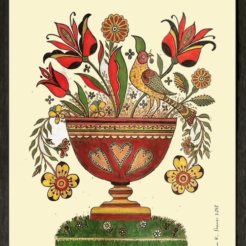 Pennsylvania Dutch Distelfink and Tulips-fraktur Art-framed - Etsy