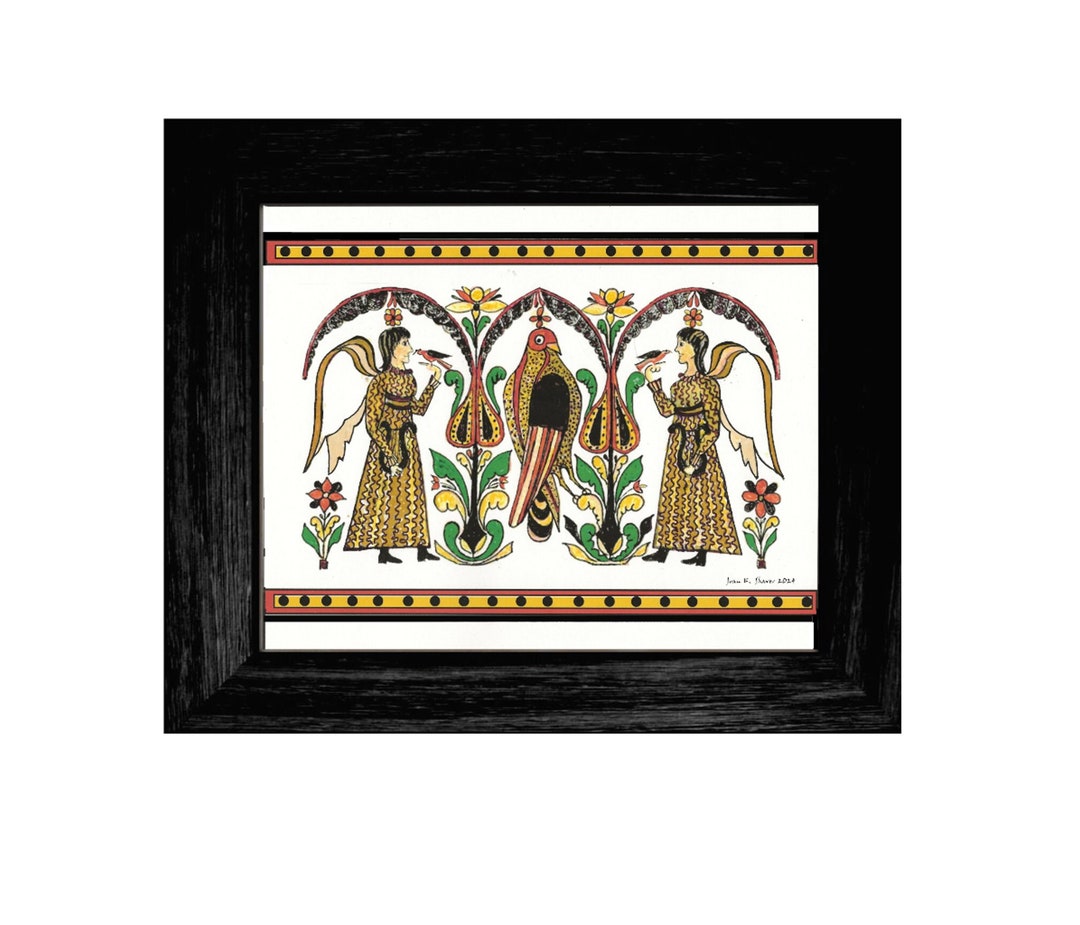 Pennsylvania Dutch Distelfink and Angels, Framed Print From Original ...