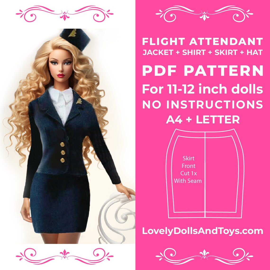 FLIGHT ATTENDANT Jacket Shirt Skirt Hat Sewing Pattern for 11-12 Inch ...