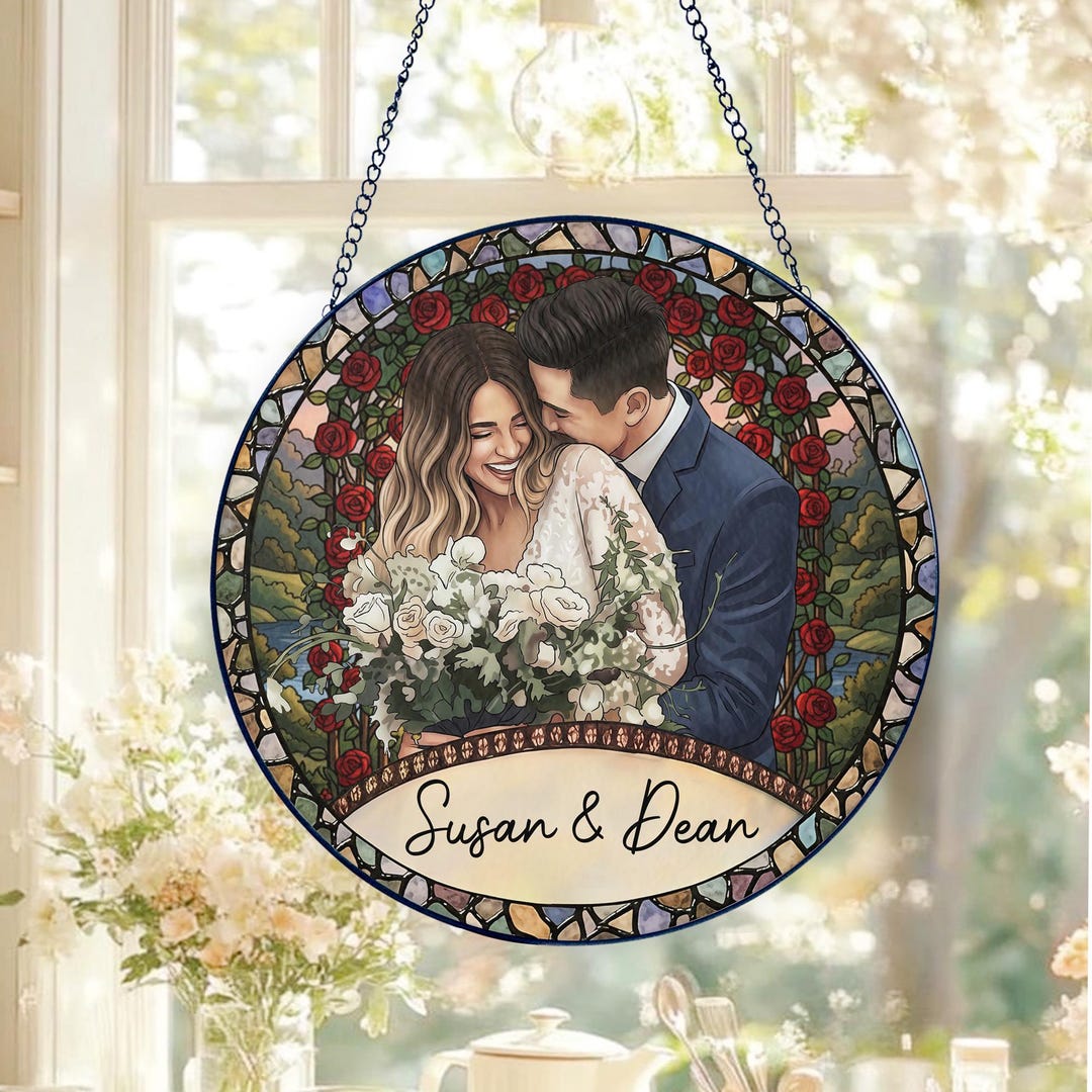 Custom Photo Stained Glass Couples Suncatcher, Valentine Gift, Couple ...