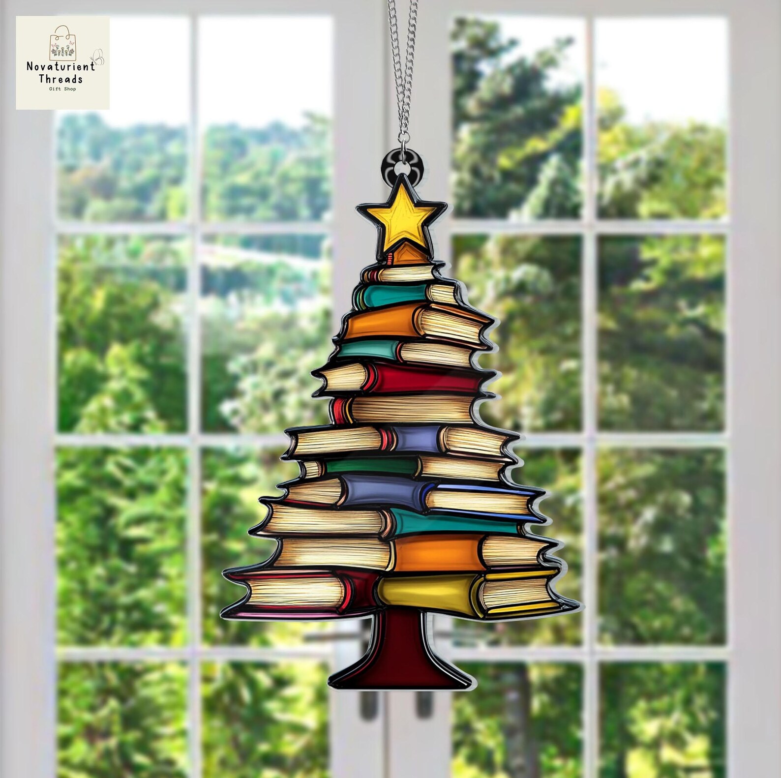 Christmas Book Tree Acrylic Suncatcher Ornament, Christmas Tree Bookish ...