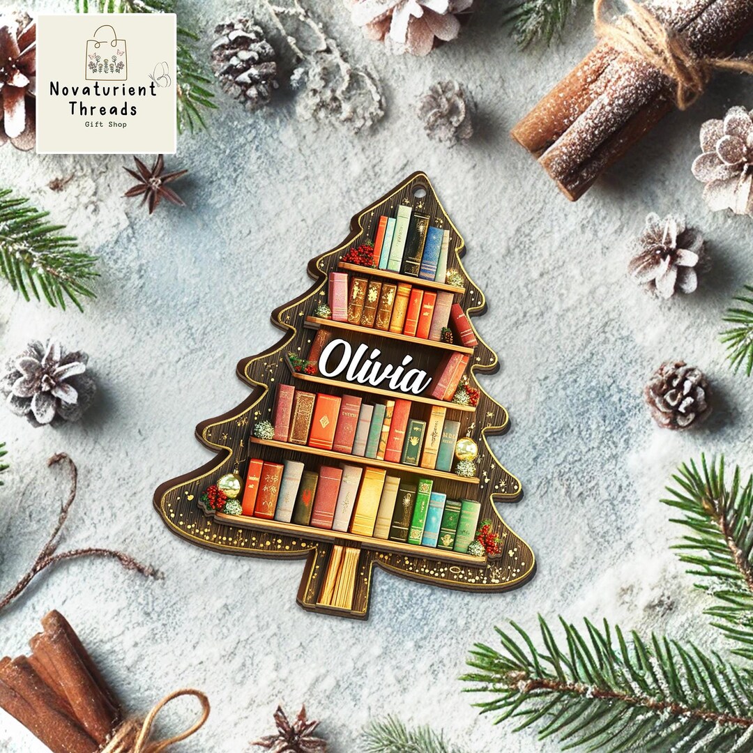 Christmas Book Tree 2 Layers Wooden Ornament, Book Gift, Book Lover ...