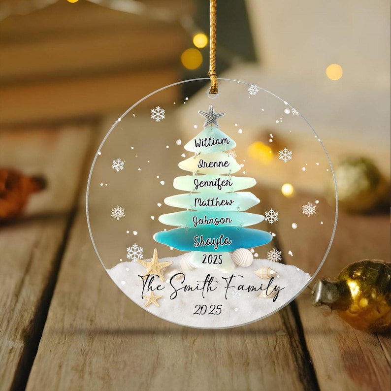 Personalized Sea Glass Family Tree 2D Ornament, Custom Family Name ...