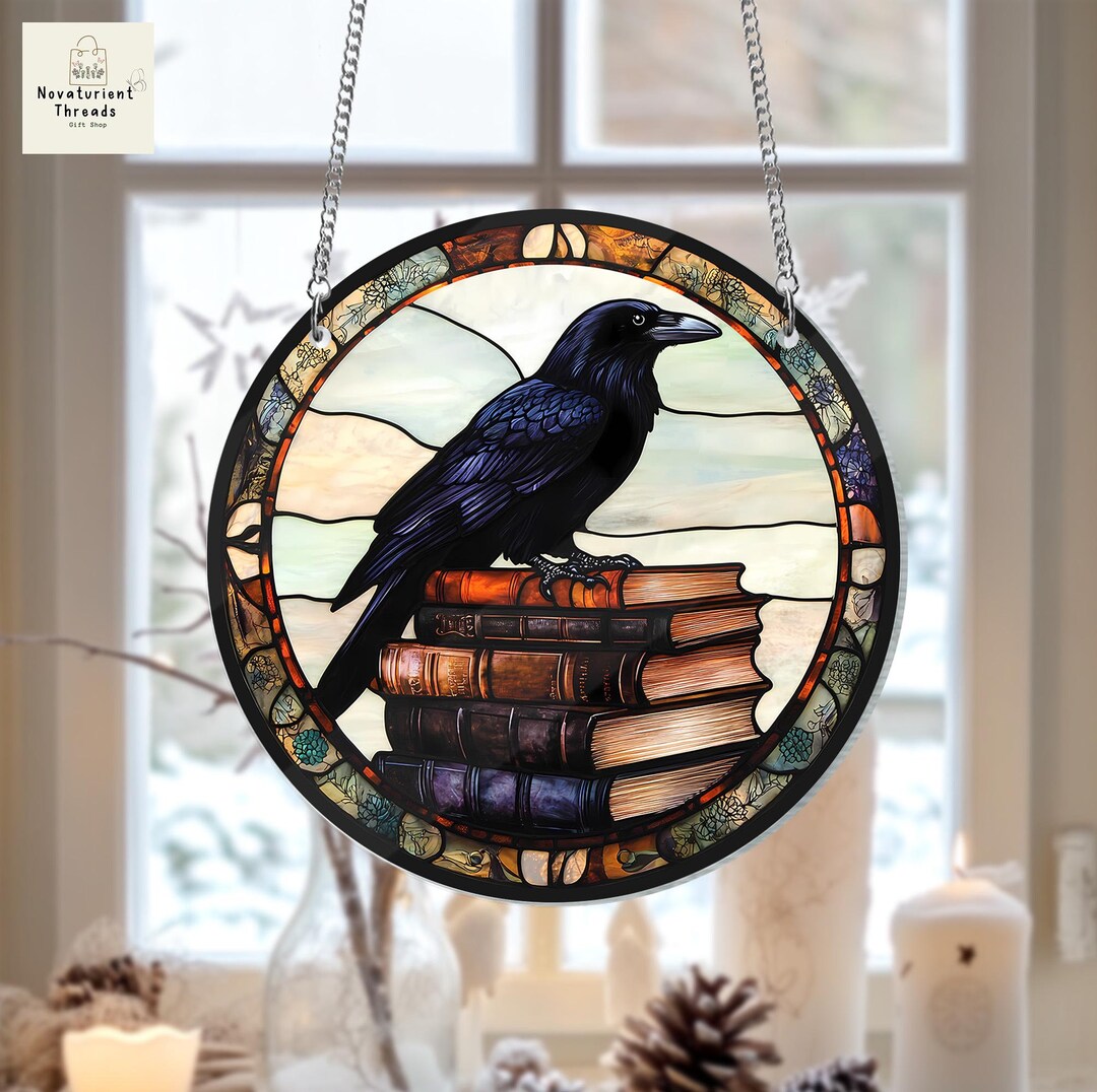 Crow and Bookstack ACRYLIC Window Hanging, Raven and Book, Reading ...
