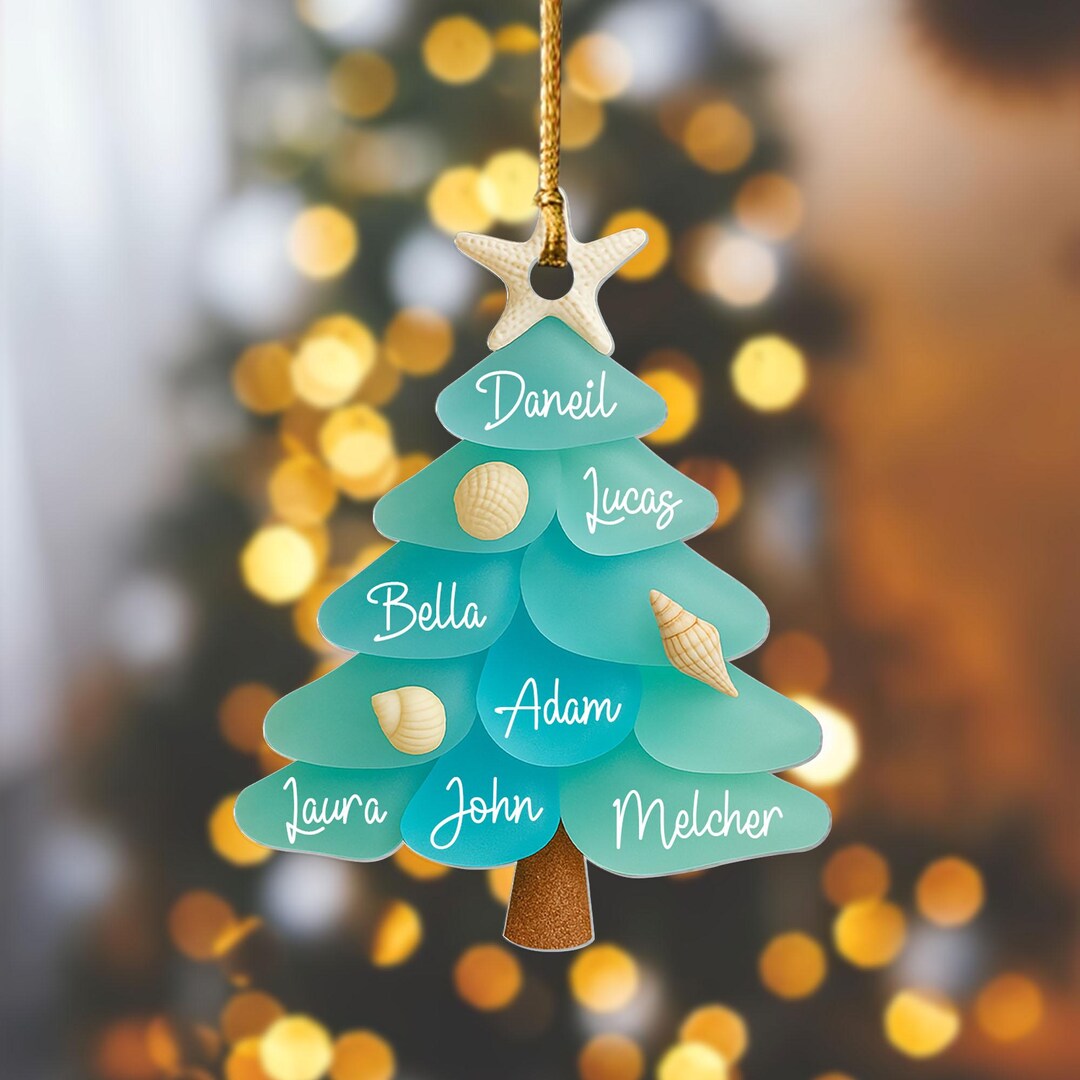 2D Flat Personalized Sea Glass Family Tree Ornament, Custom Family Name ...