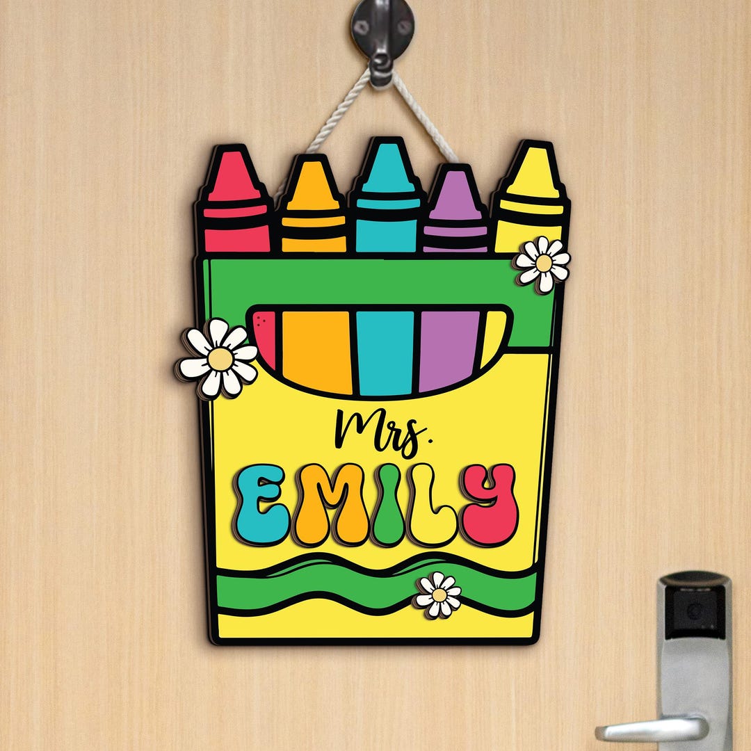 Custom Teacher Crayon Door Sign, Personalized 3D Teacher Door Sign ...