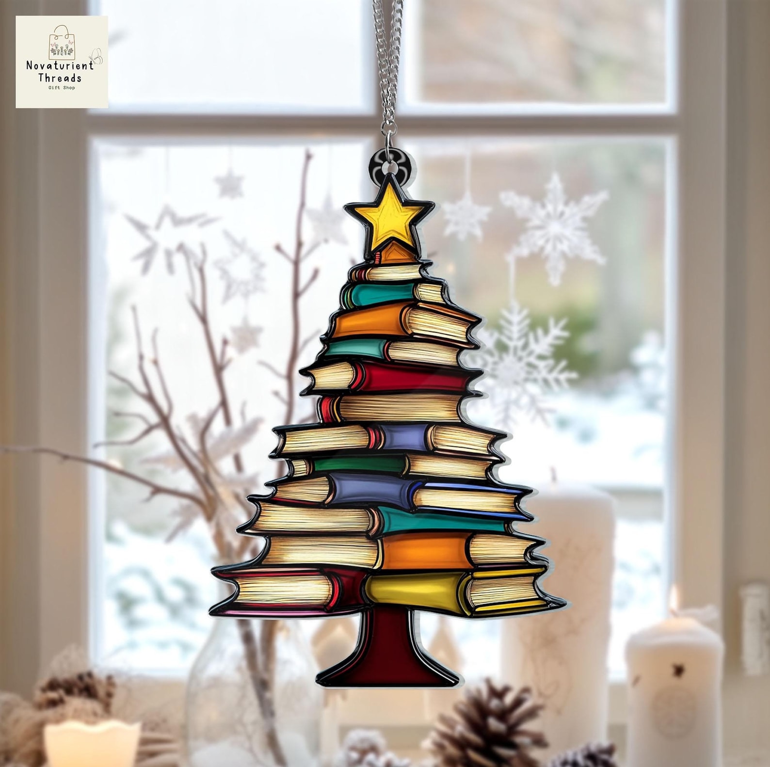 Christmas Book Tree Acrylic Suncatcher Ornament, Christmas Tree Bookish ...
