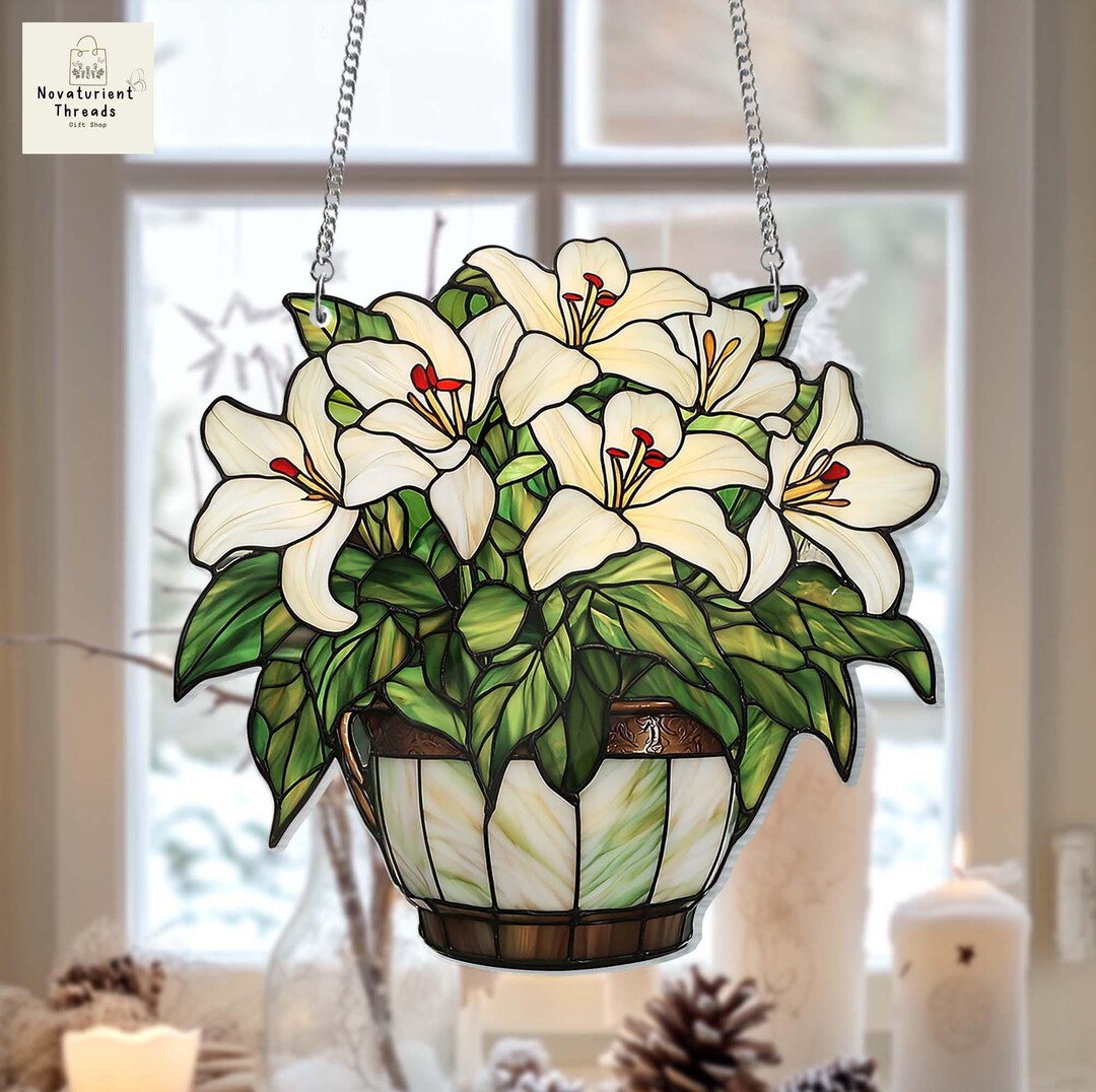 White Lily ACRYLIC Window Hanging, Lily Floral Basket Window Decor ...