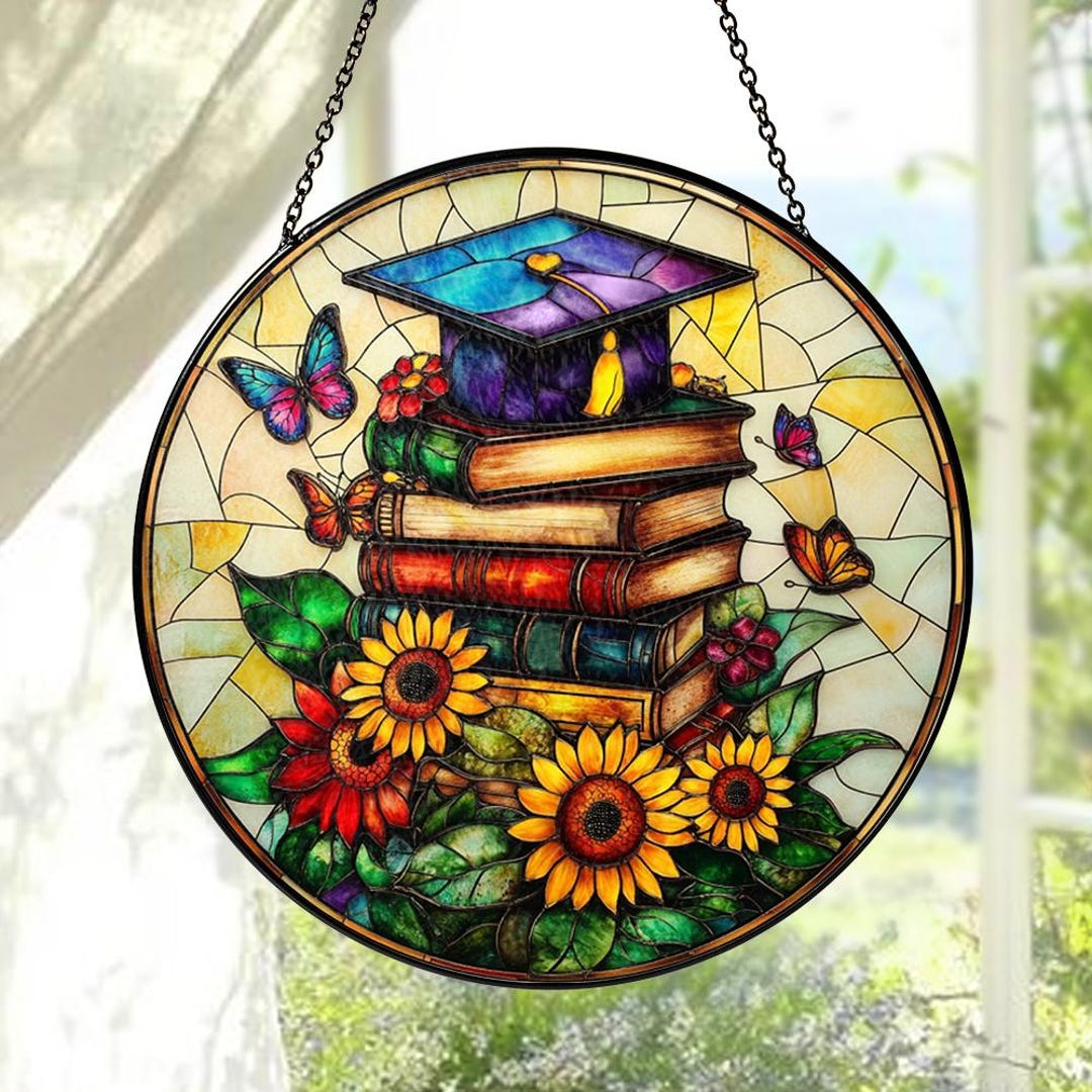 Graduation Cap and Book Window Hanging, Graduation Stained Glass ...