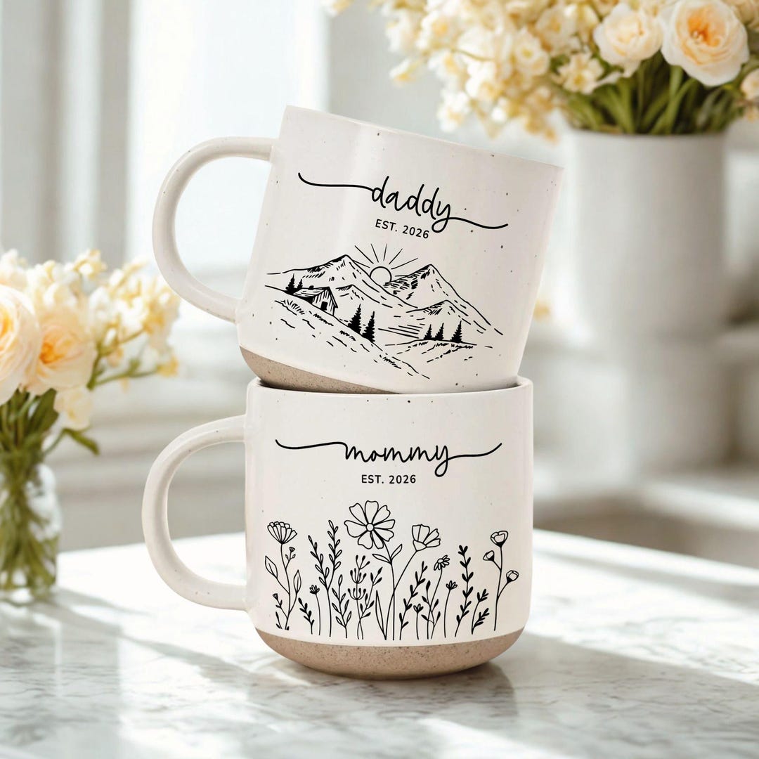 Personalized Engraved Mom Dad Pottery Mug, New Parents Mug, Pregnancy ...