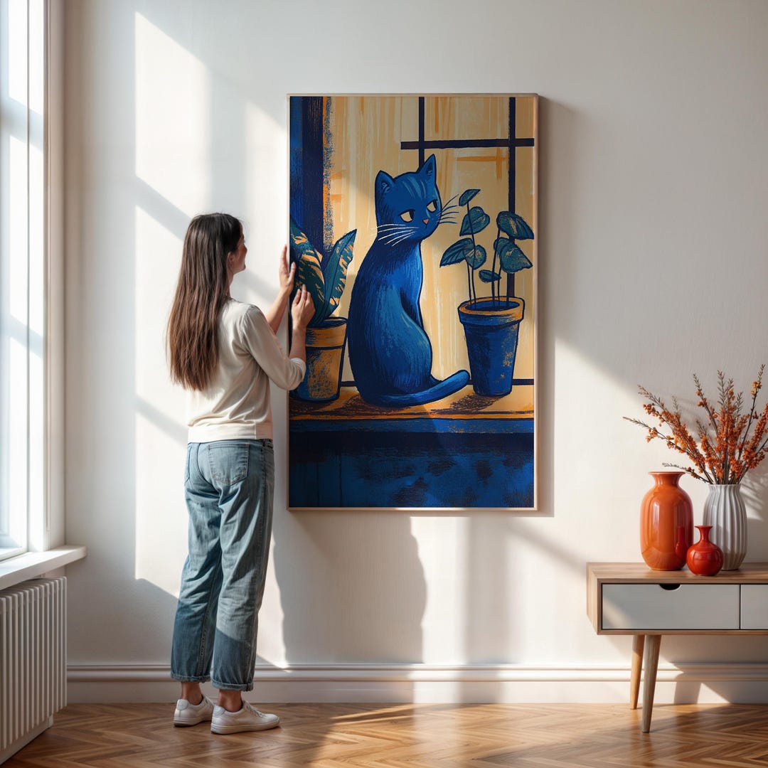 Blue Cat Art Print, Whimsical Feline, Cozy Home Decor - Etsy