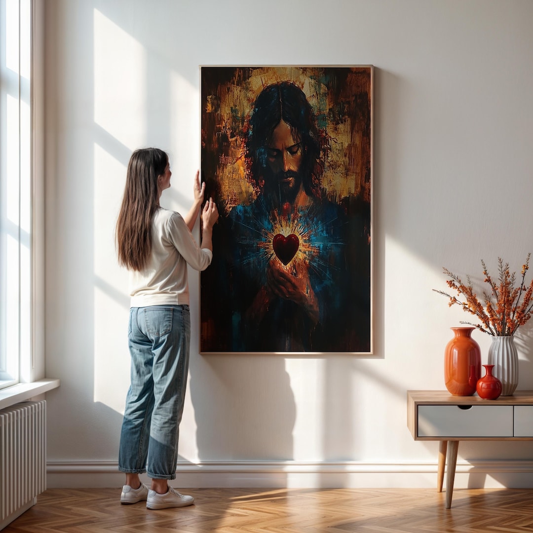 Jesus With Radiant Sacred Heart Wall Art, Intense Christian Painting ...
