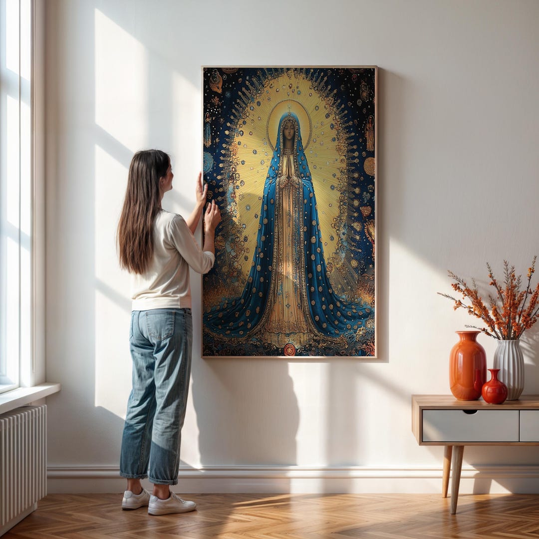 Cosmic Virgin Mary Art Print, Golden Halo, Catholic Wall Decor - Etsy