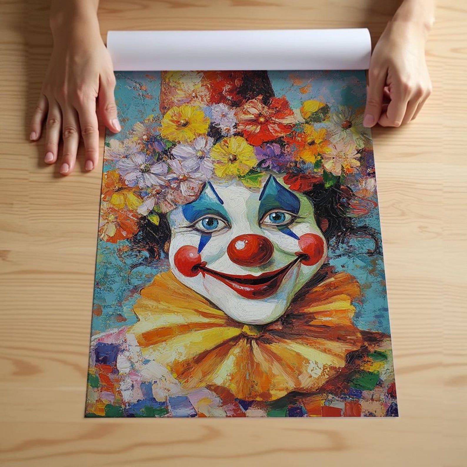 Colorful Clown Wall Art, Whimsical Portrait Painting, Bold Circus Decor ...