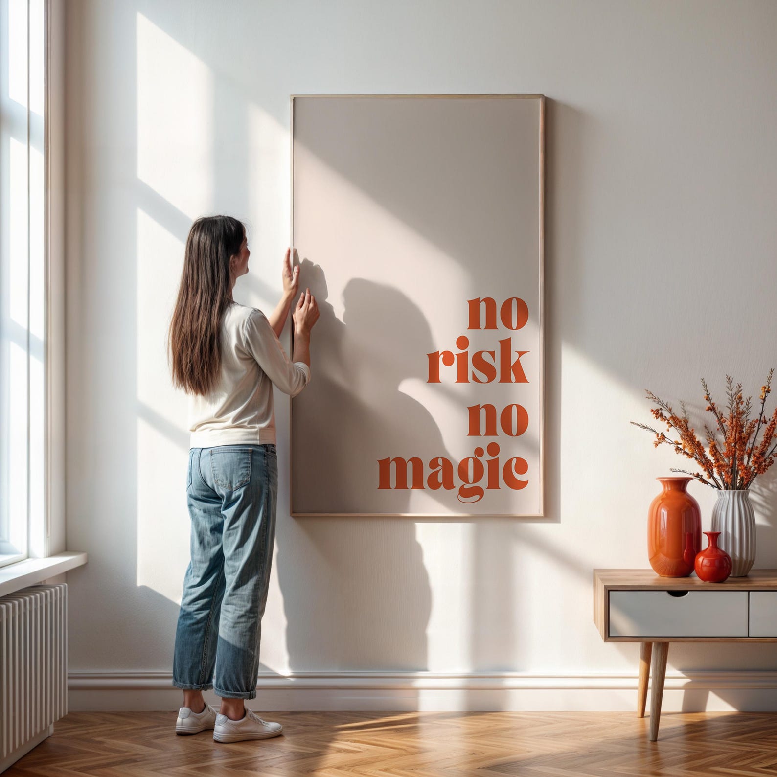 No Risk No Magic Print, Orange Minimalist Quote, Inspirational Wall Art ...