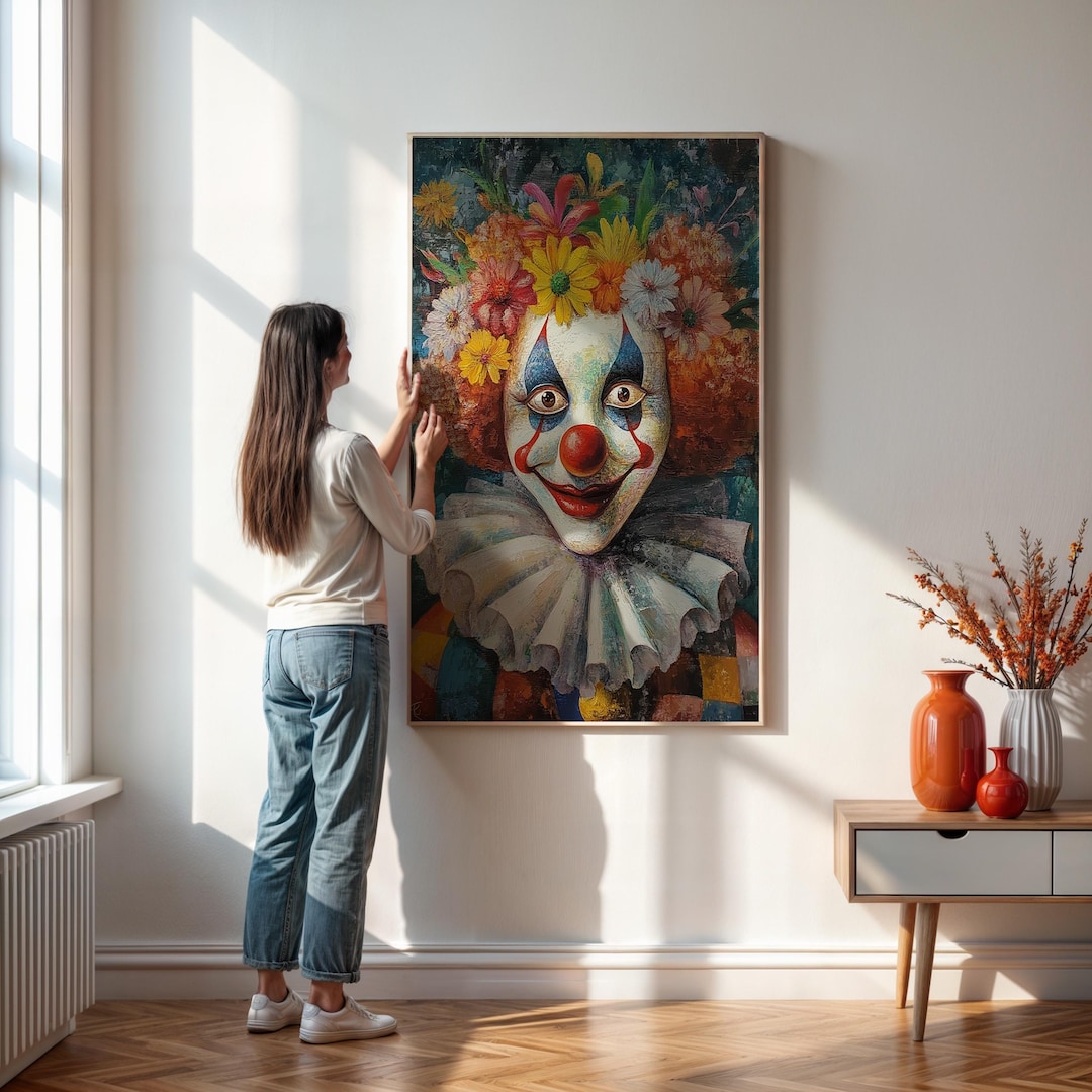 Flower Clown Wall Art, Whimsical Colorful Painting, Joyful Circus Decor ...