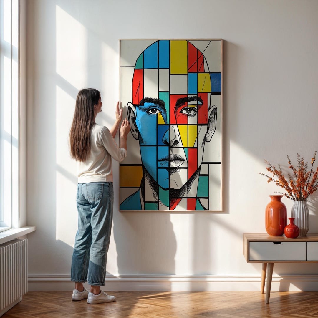 Geometric Portrait Art, Mondrian Style Face Wall Art, Color Block ...