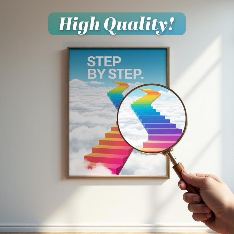 Step by Step Motivational Wall Art Print Colorful Rainbow Stairs in the ...