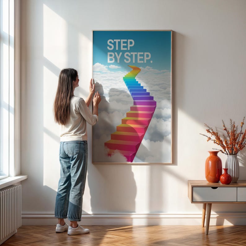 Step by Step Motivational Wall Art Print Colorful Rainbow Stairs in the ...