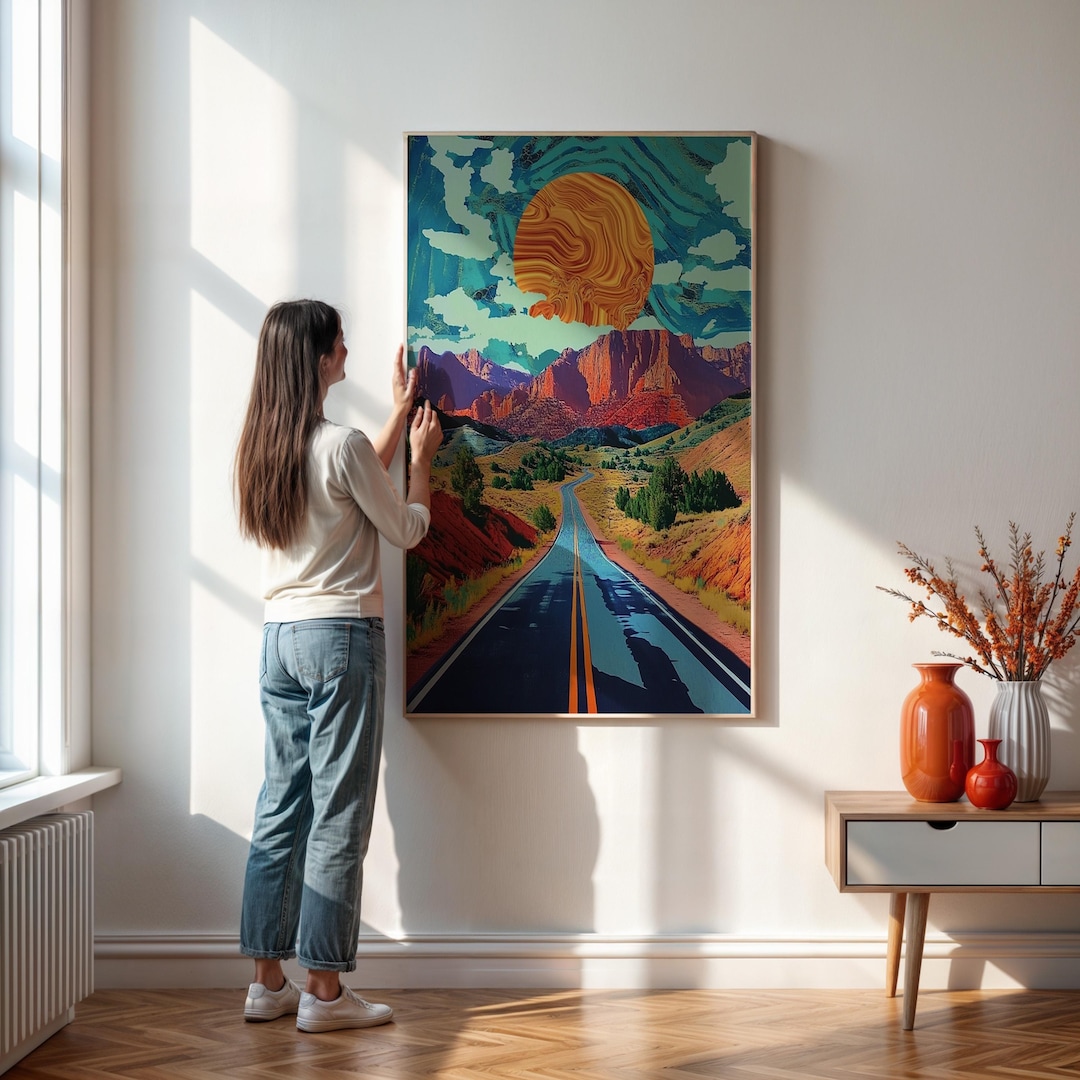 Desert Road Print, Retro Highway Landscape With Abstract Sun - Etsy