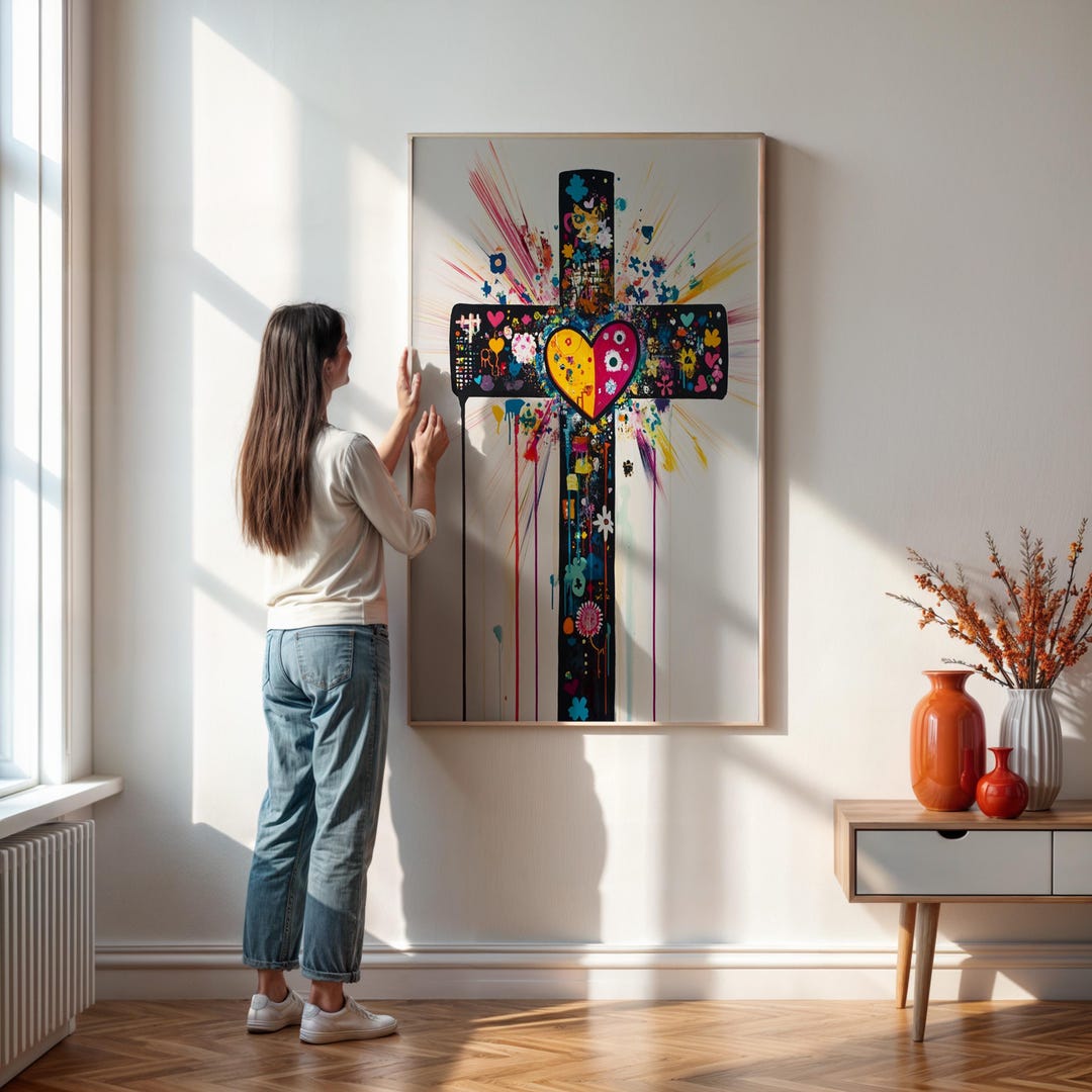 Colorful Cross Wall Art With Patterned Heart, Modern Christian Abstract ...