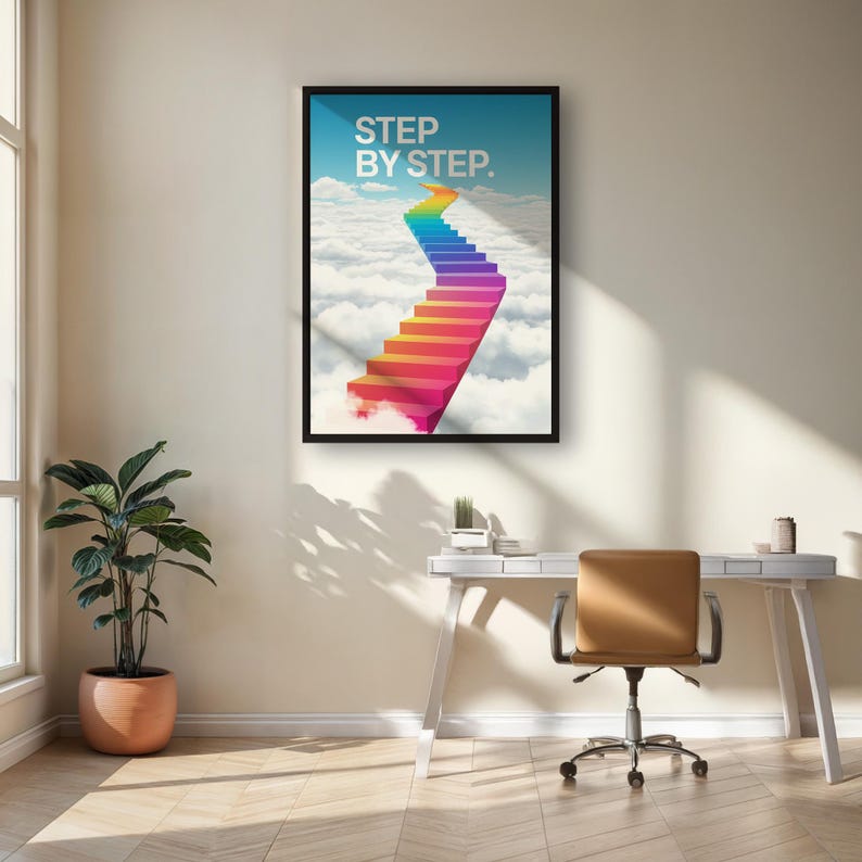 Step by Step Motivational Wall Art Print Colorful Rainbow Stairs in the ...