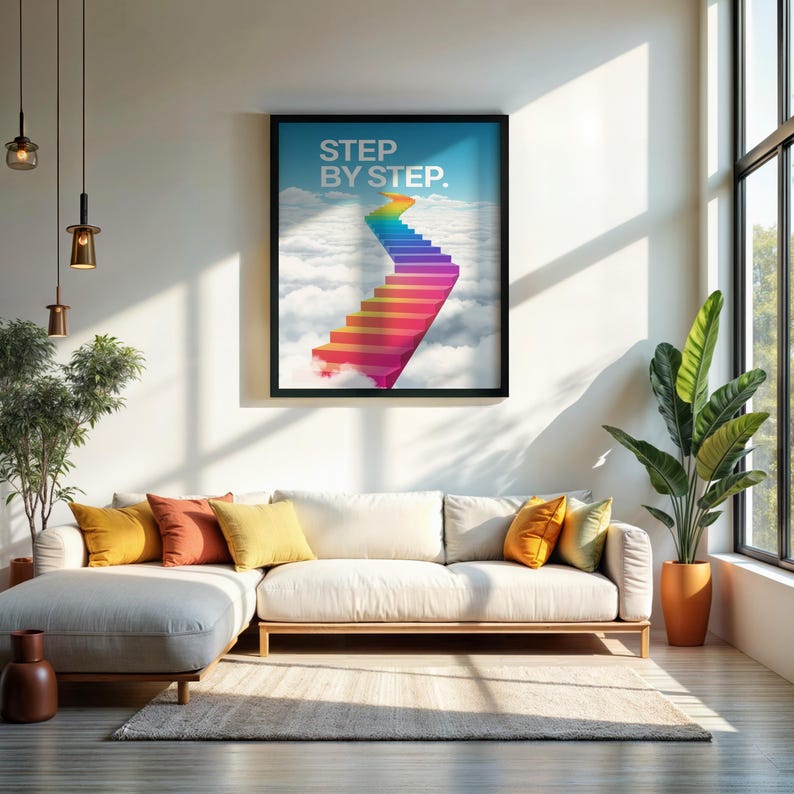 Step by Step Motivational Wall Art Print Colorful Rainbow Stairs in the ...