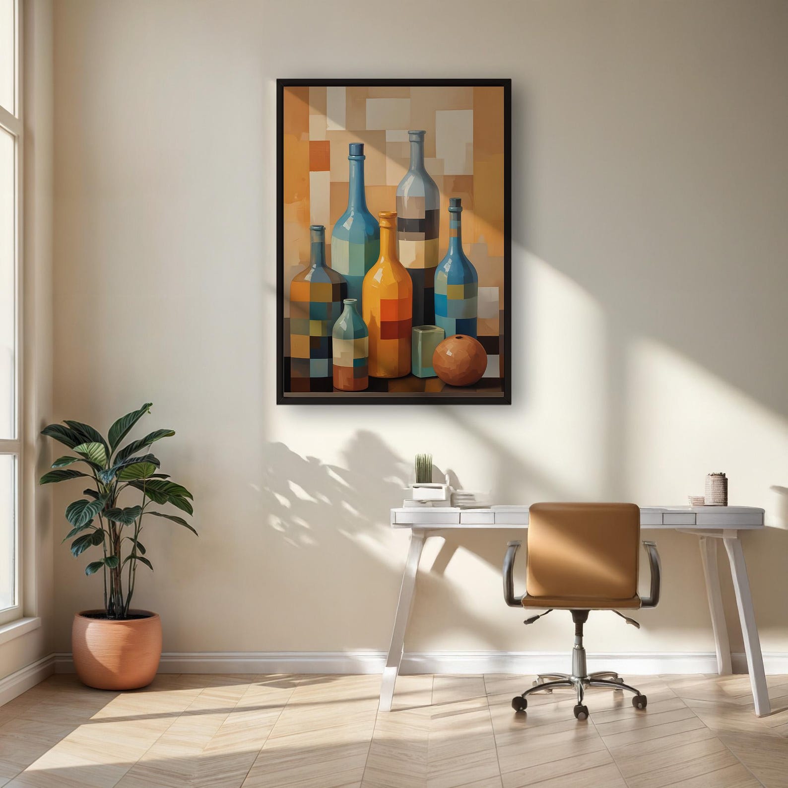 Cubist Still Life Art Print, Geometric Bottle Painting, Modern Home ...