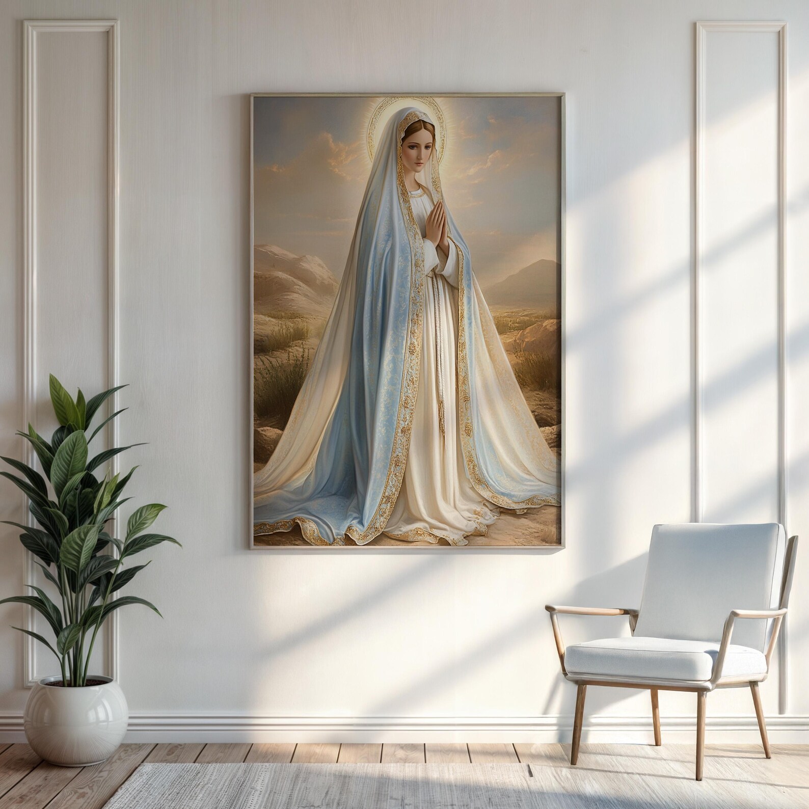 Elegant Virgin Mary Wall Art Print With Blue and Cream Robes, Peaceful ...