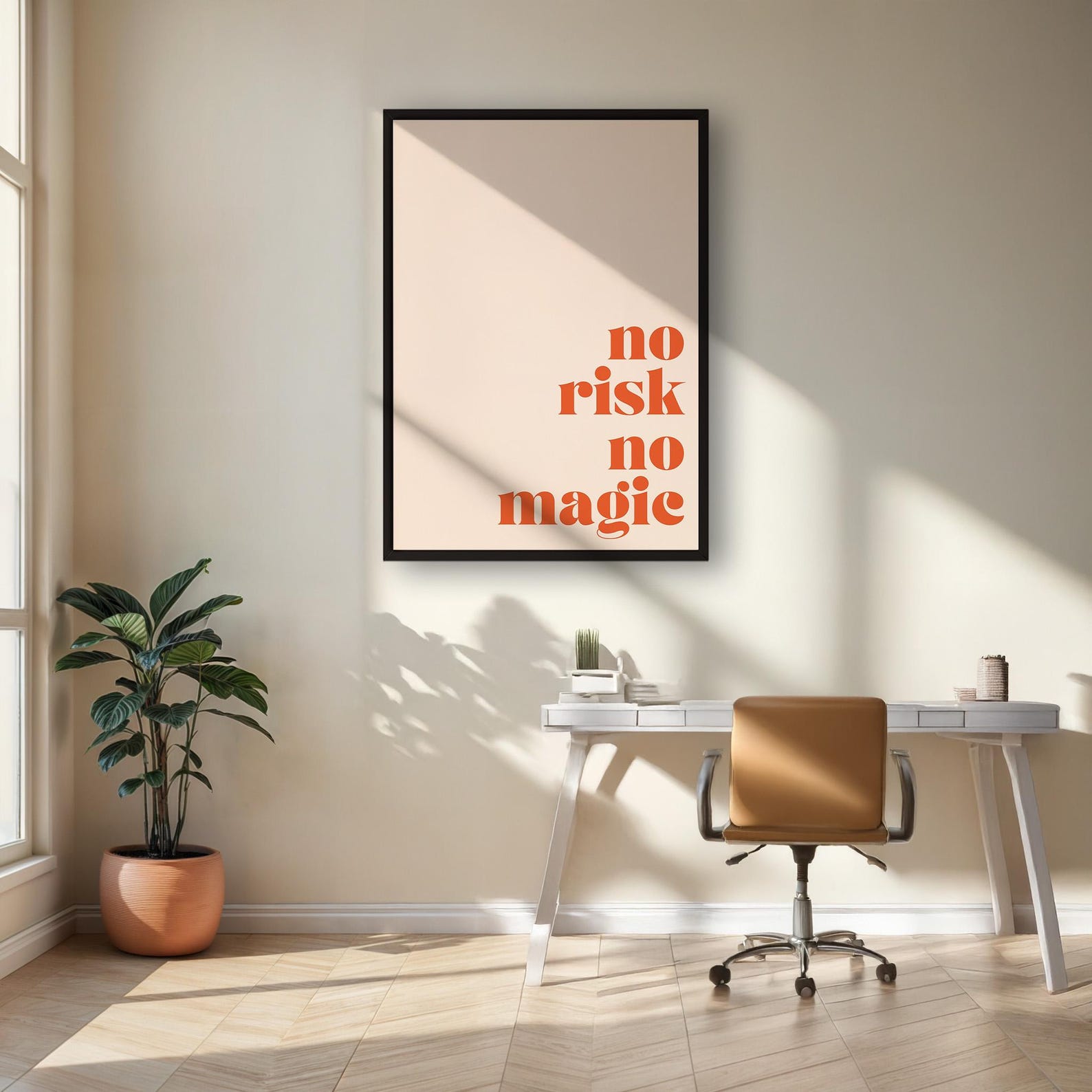 No Risk No Magic Print, Orange Minimalist Quote, Inspirational Wall Art ...