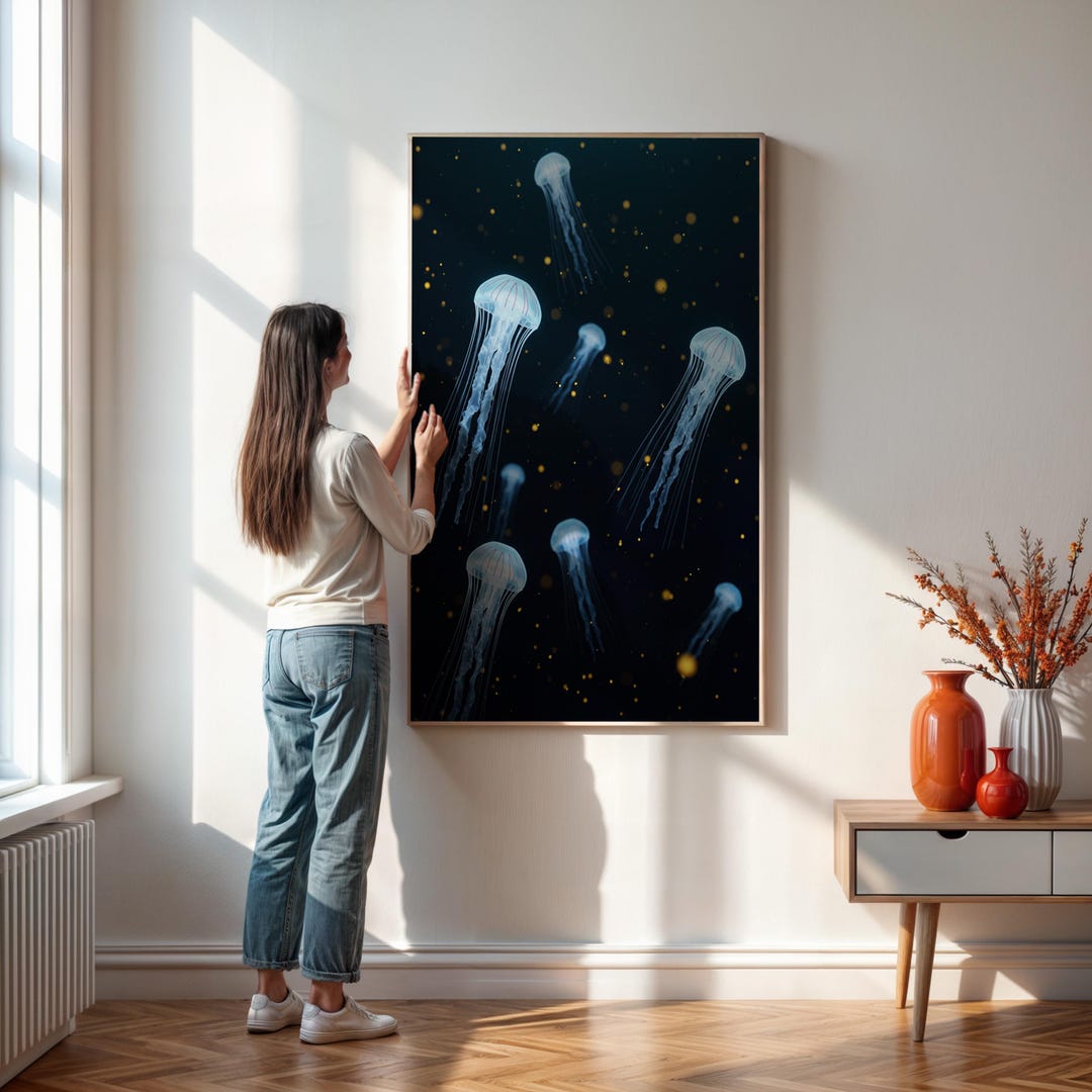 Jellyfish Wall Art Print, Glowing Marine Illustration, Framed Ocean ...