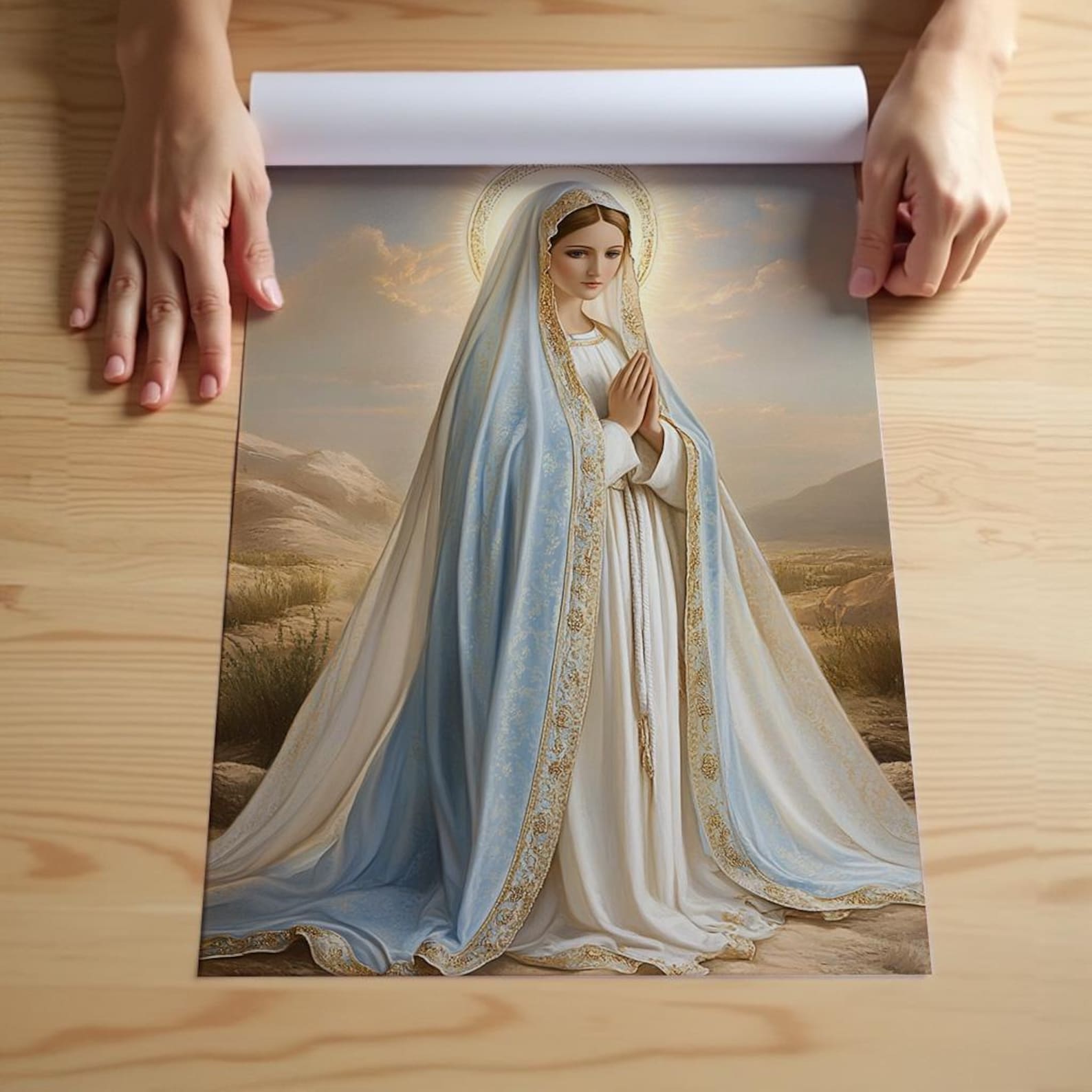 Elegant Virgin Mary Wall Art Print With Blue and Cream Robes, Peaceful ...