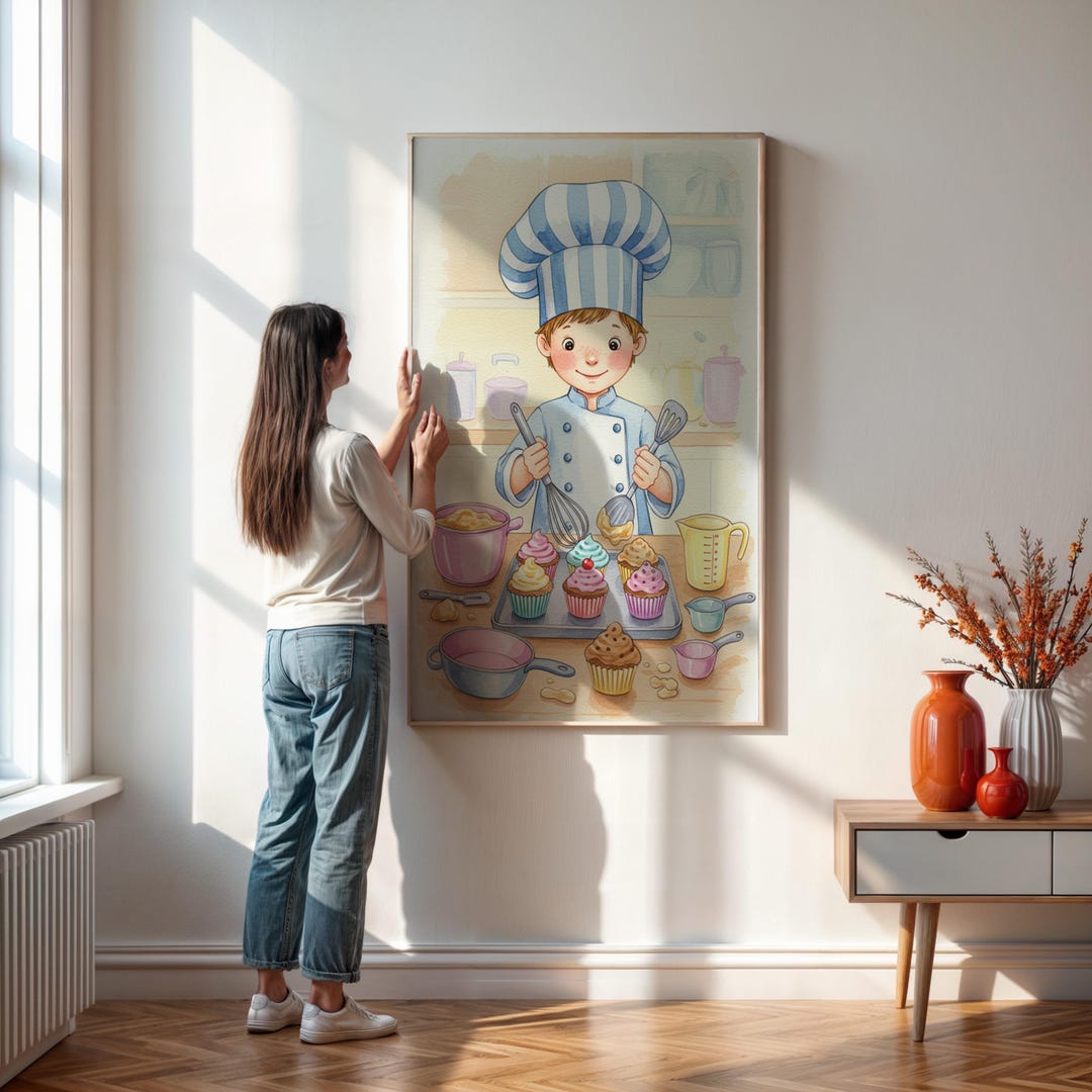 Little Chef Baking Poster, Cute Kitchen Wall Art, Cupcake Illustration ...