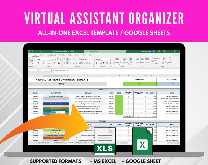 Virtual Assistant Organiser | Weekly Excel Spreadsheet | Track Hours ...