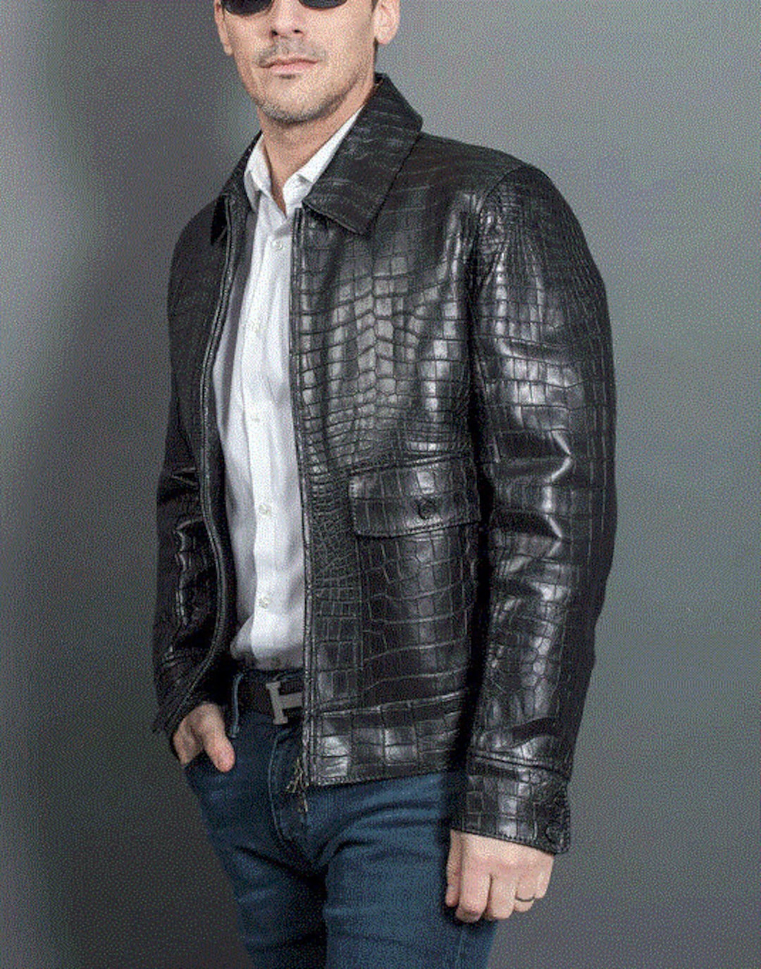 Black Leather Crocodile Embossed Jacket, Alligator Print Handmade Men's Biker Leather Jacket ...