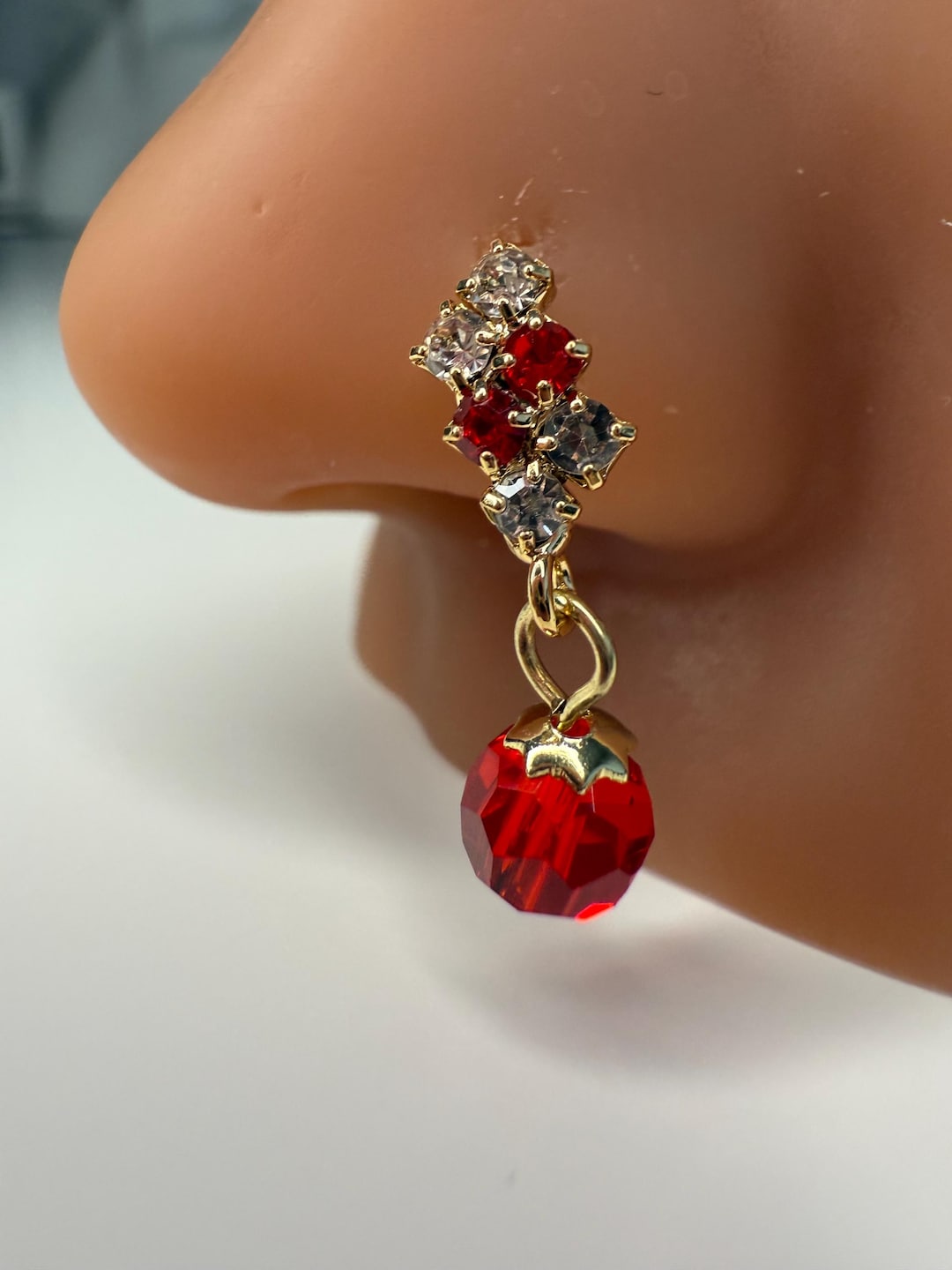 Red / Bronze Bead Drop Nose Ring , Unique Nose Ring , Gold Nose Ring ...