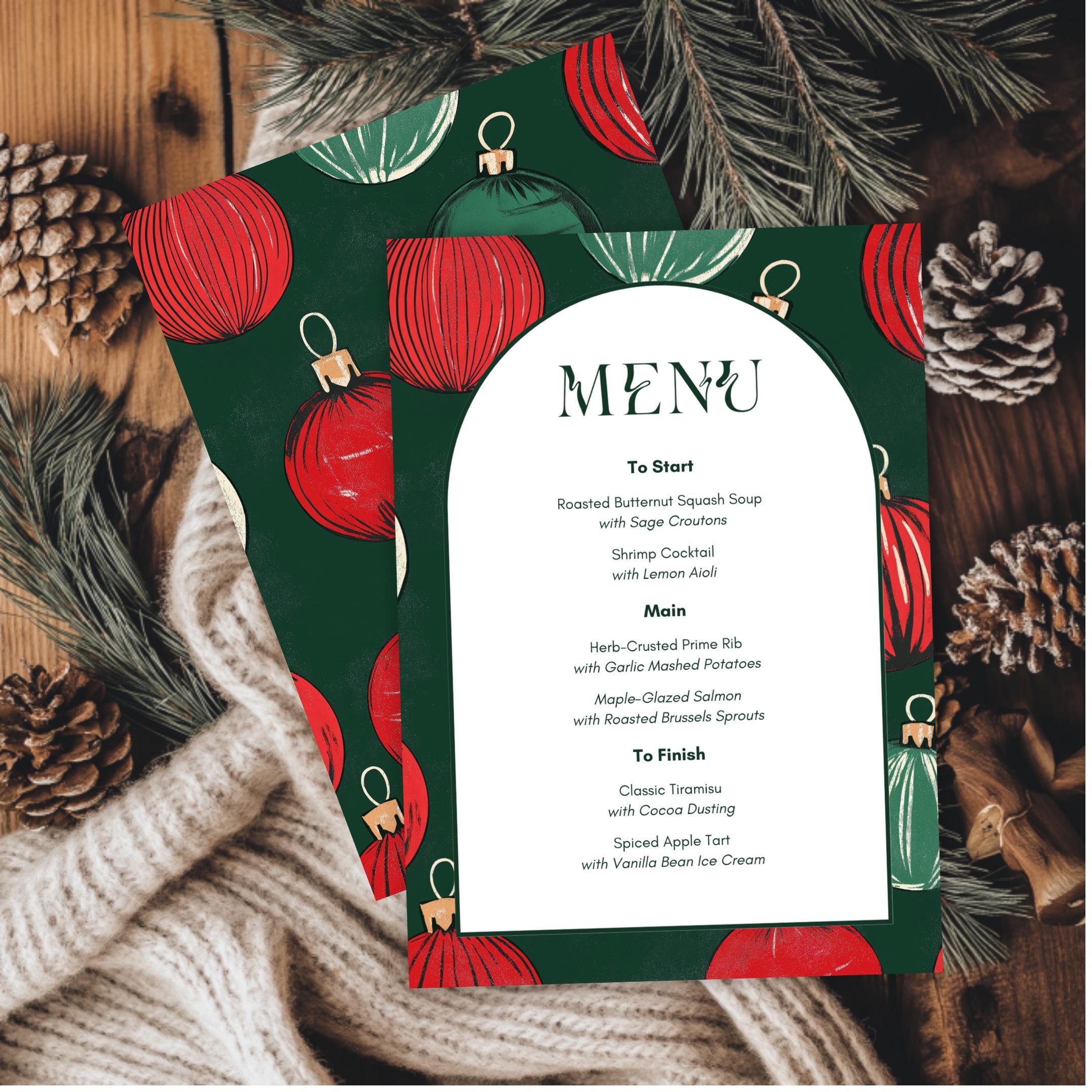 Printable Christmas Menu, Red and Green Baubles, Editable Christmas ...