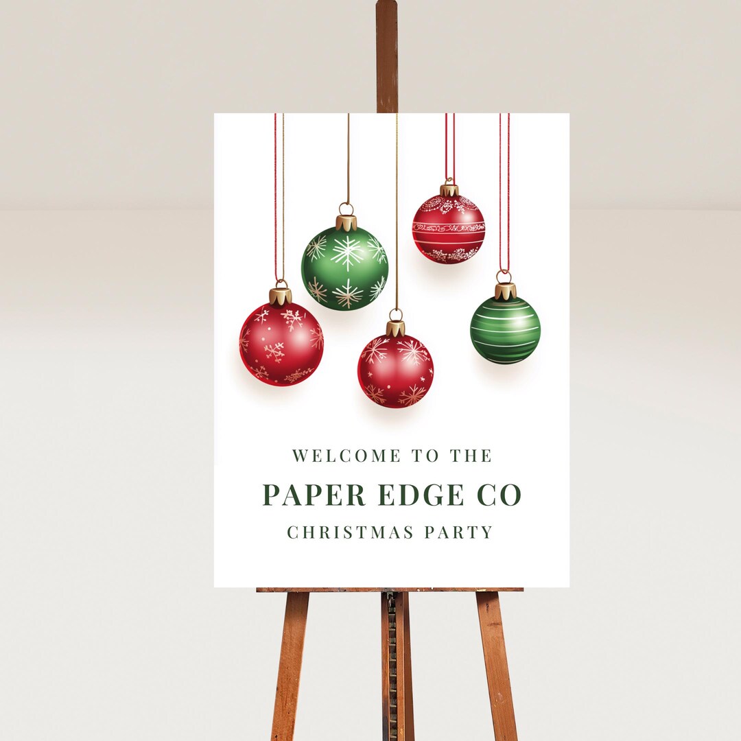 Minimal Christmas Party Welcome and Sign, Green and Red Bauble Holiday ...