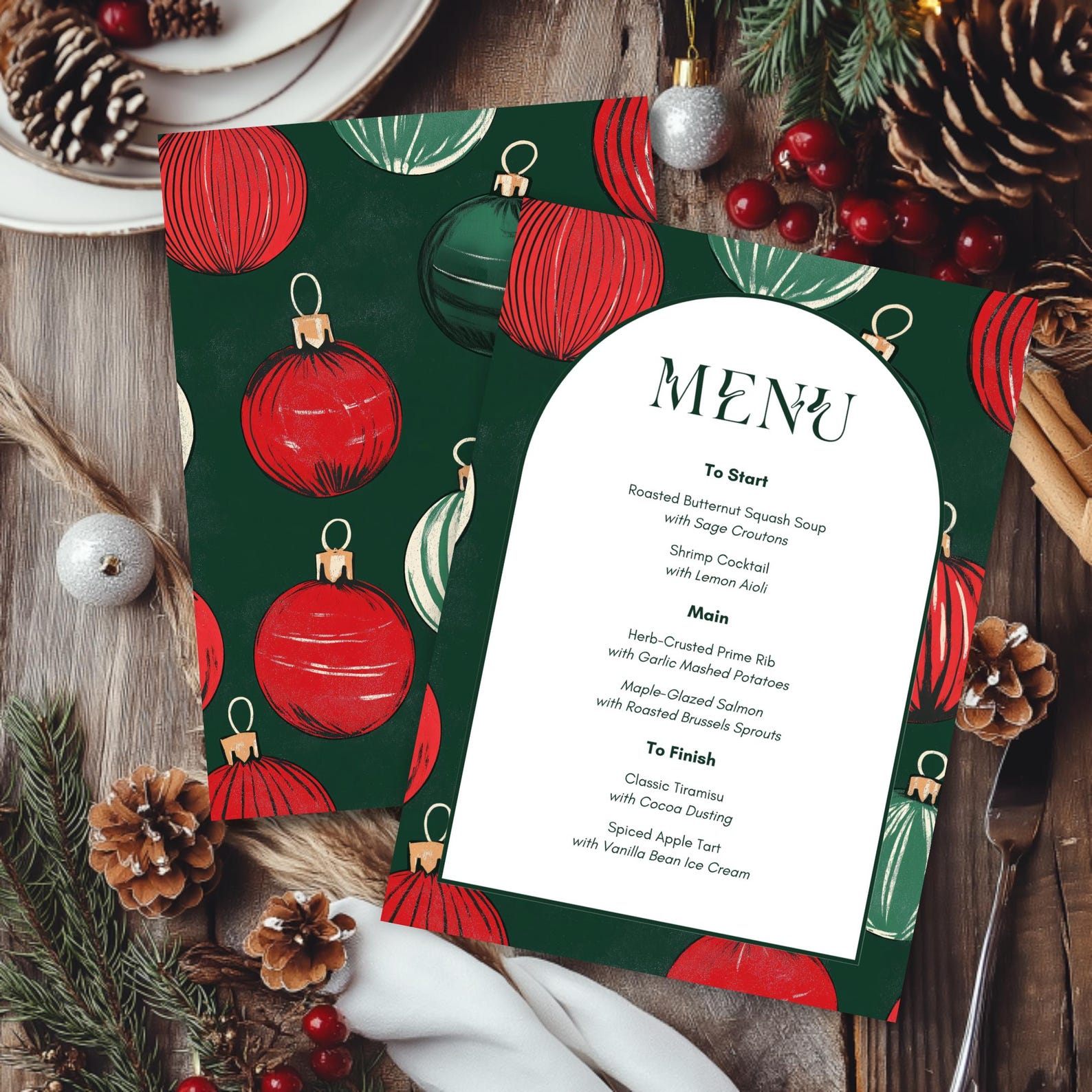 Printable Christmas Menu, Red and Green Baubles, Editable Christmas ...
