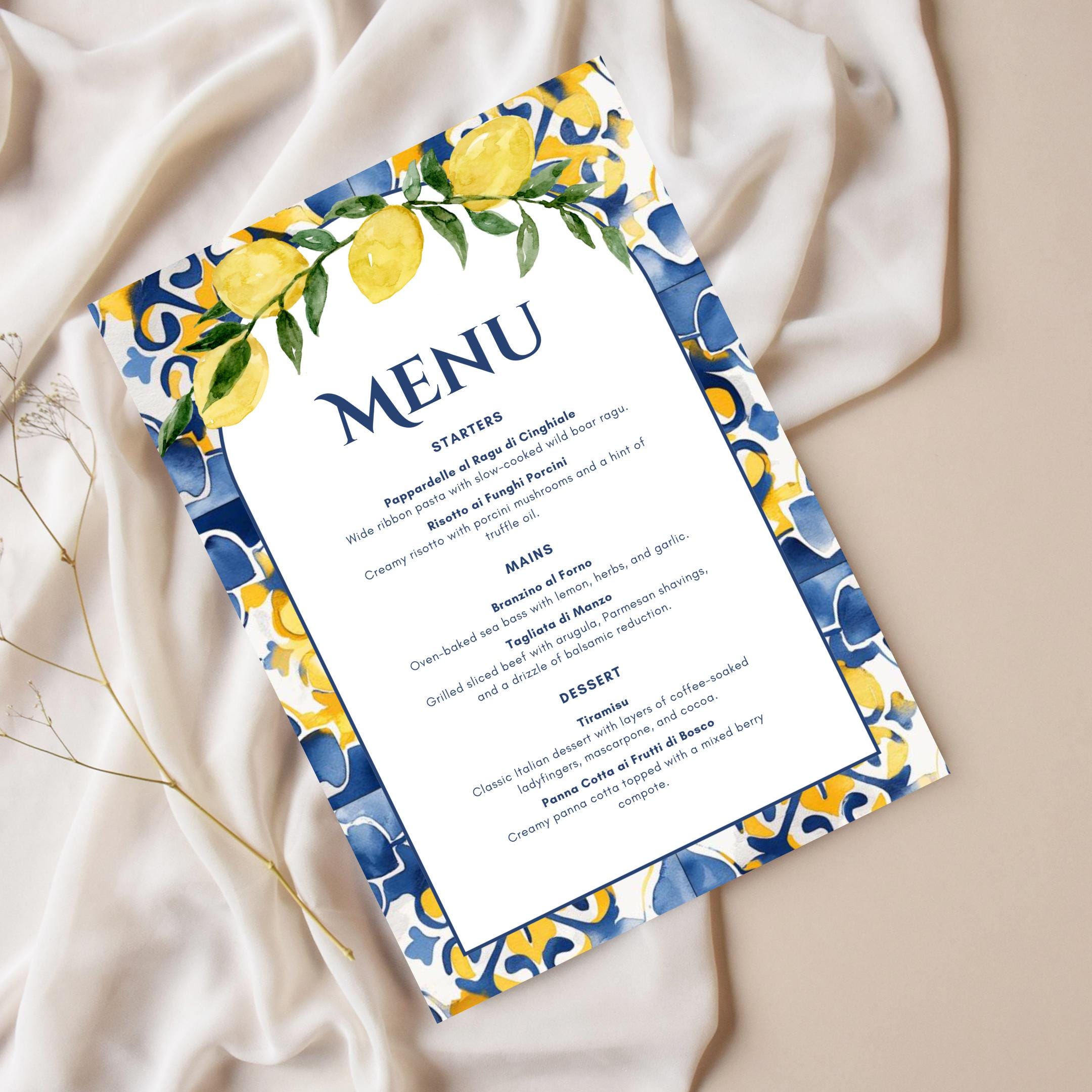 Printable Lemon Menu Template, Editable Mediterranean Wedding Menu ...