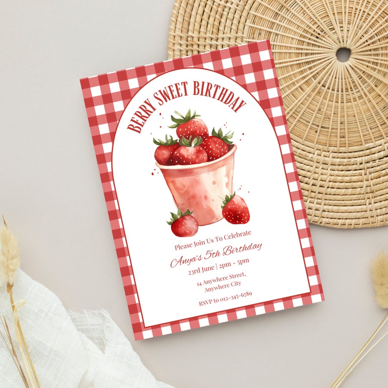 Strawberry Gingham Birthday Party Invitation, Printable Strawberry ...