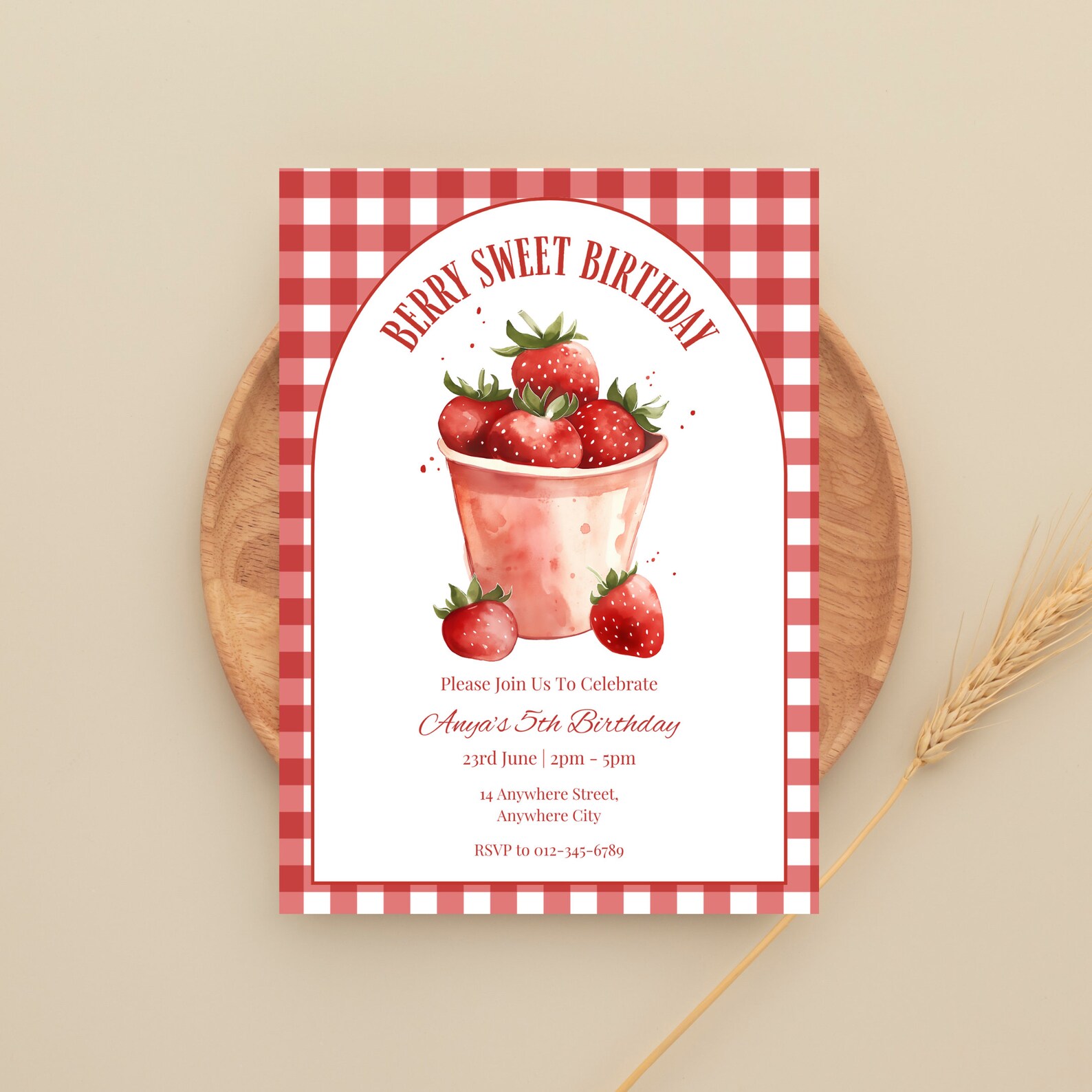 Strawberry Gingham Birthday Party Invitation, Printable Strawberry ...