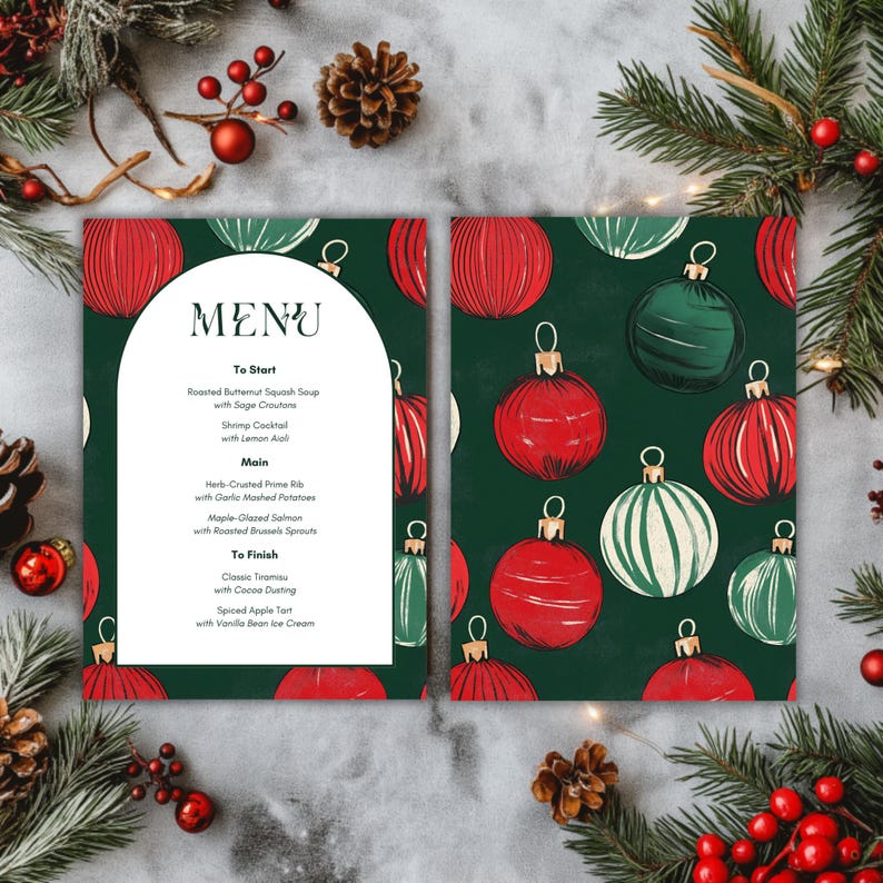 Printable Christmas Menu, Red and Green Baubles, Editable Christmas ...