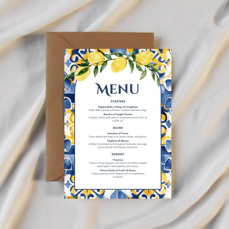 Printable Lemon Menu Template, Editable Mediterranean Wedding Menu ...