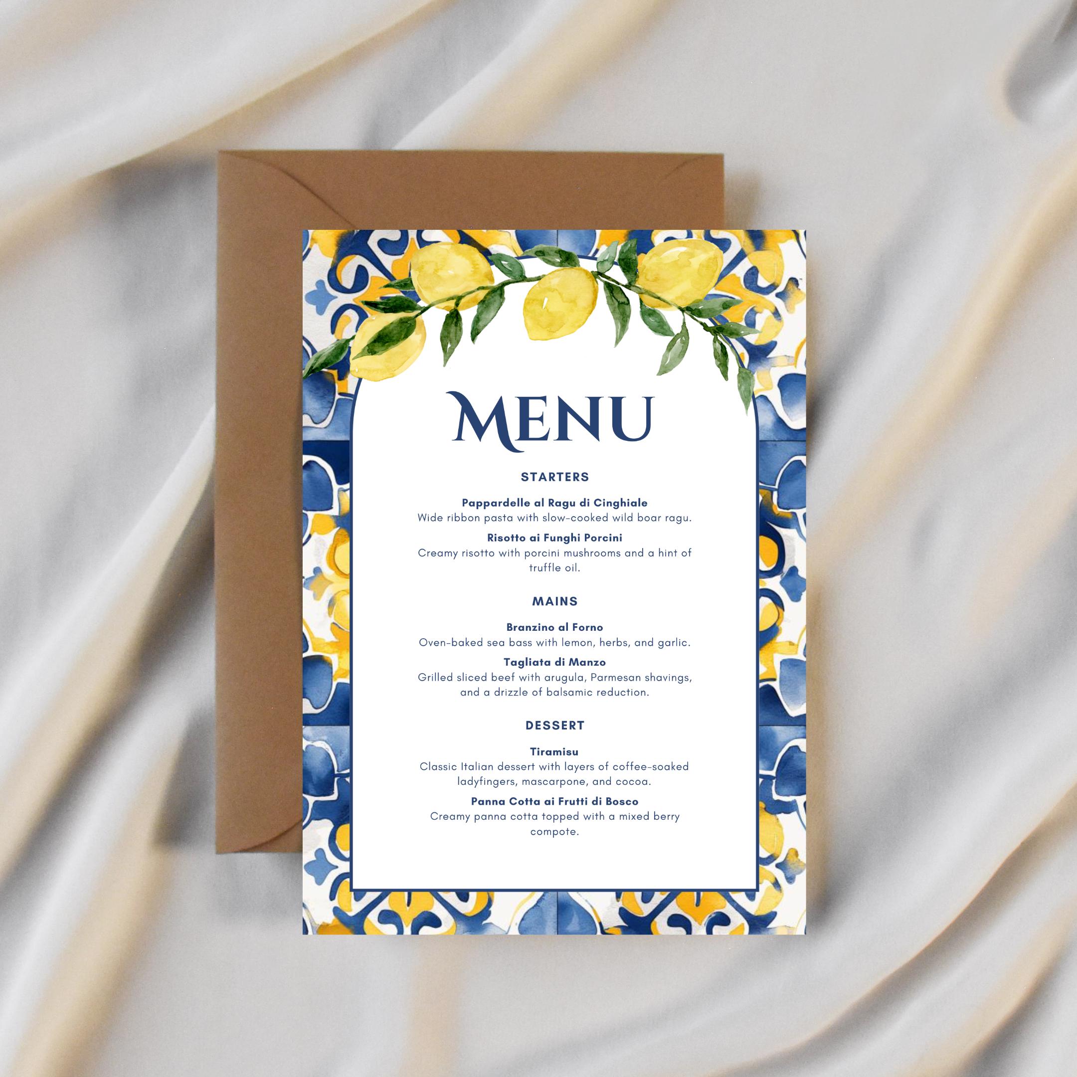 Printable Lemon Menu Template, Editable Mediterranean Wedding Menu ...