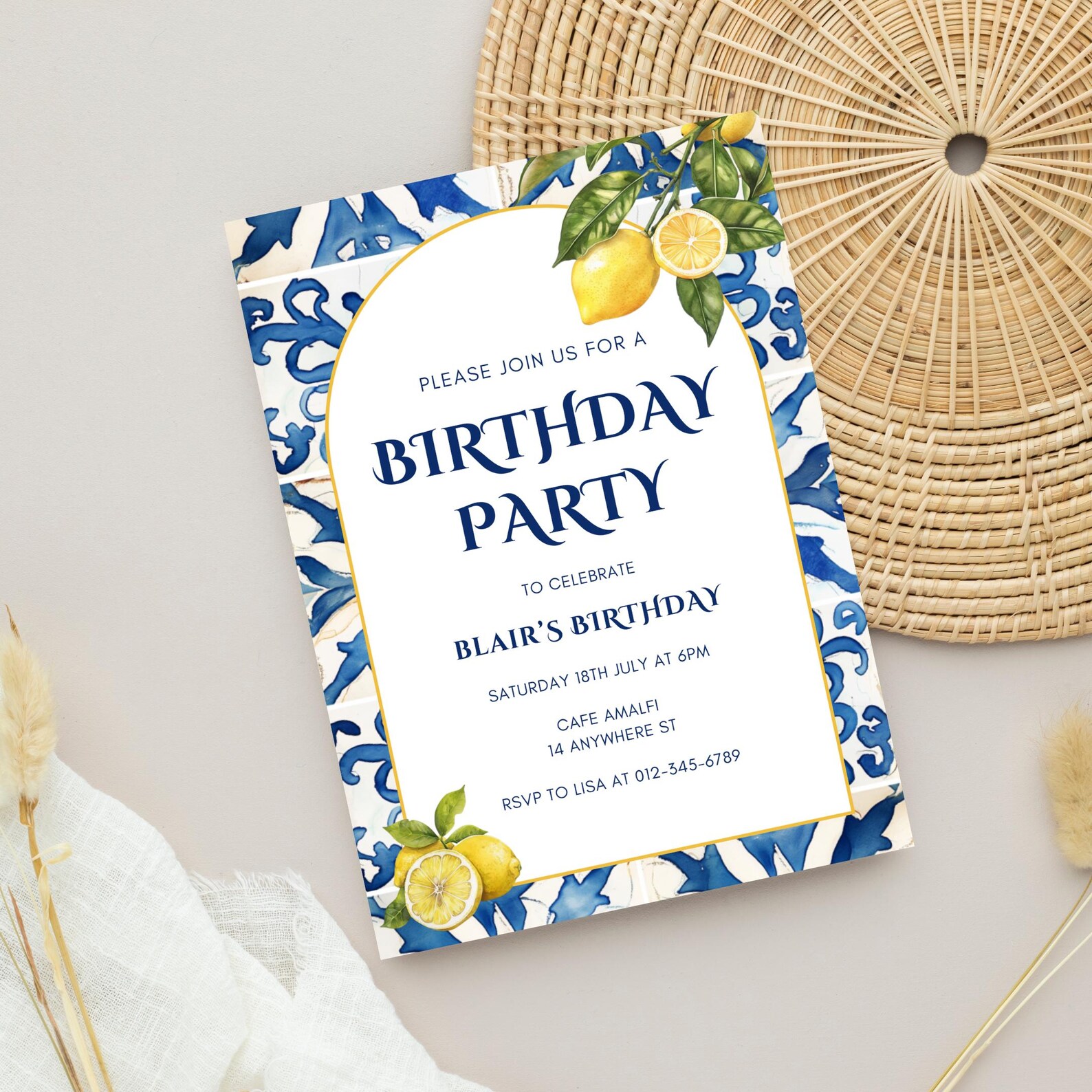 Lemon Invite for Birthday Party, Mediterranean Tile Party Invitation ...