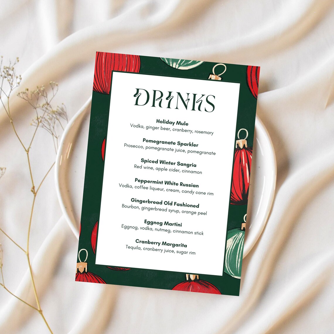 Printable Christmas Drinks Menu, Red and Green Party Decor, Editable ...