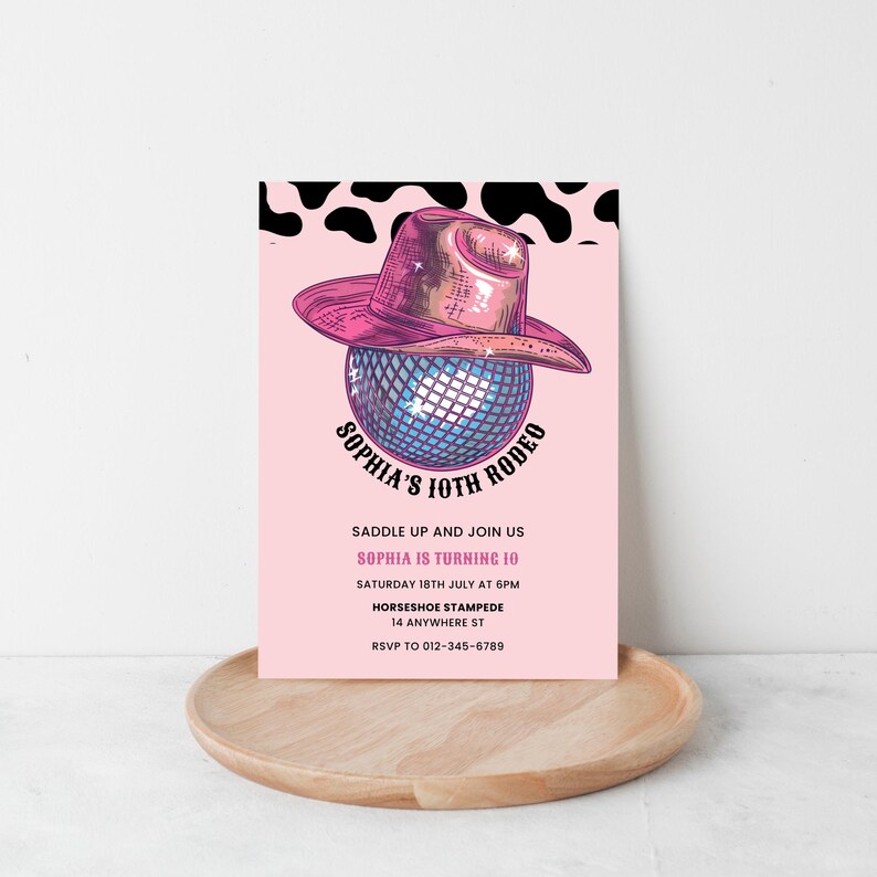 Cowgirl Birthday Disco Invitation, Editable Cowboy Hat Disco Ball ...