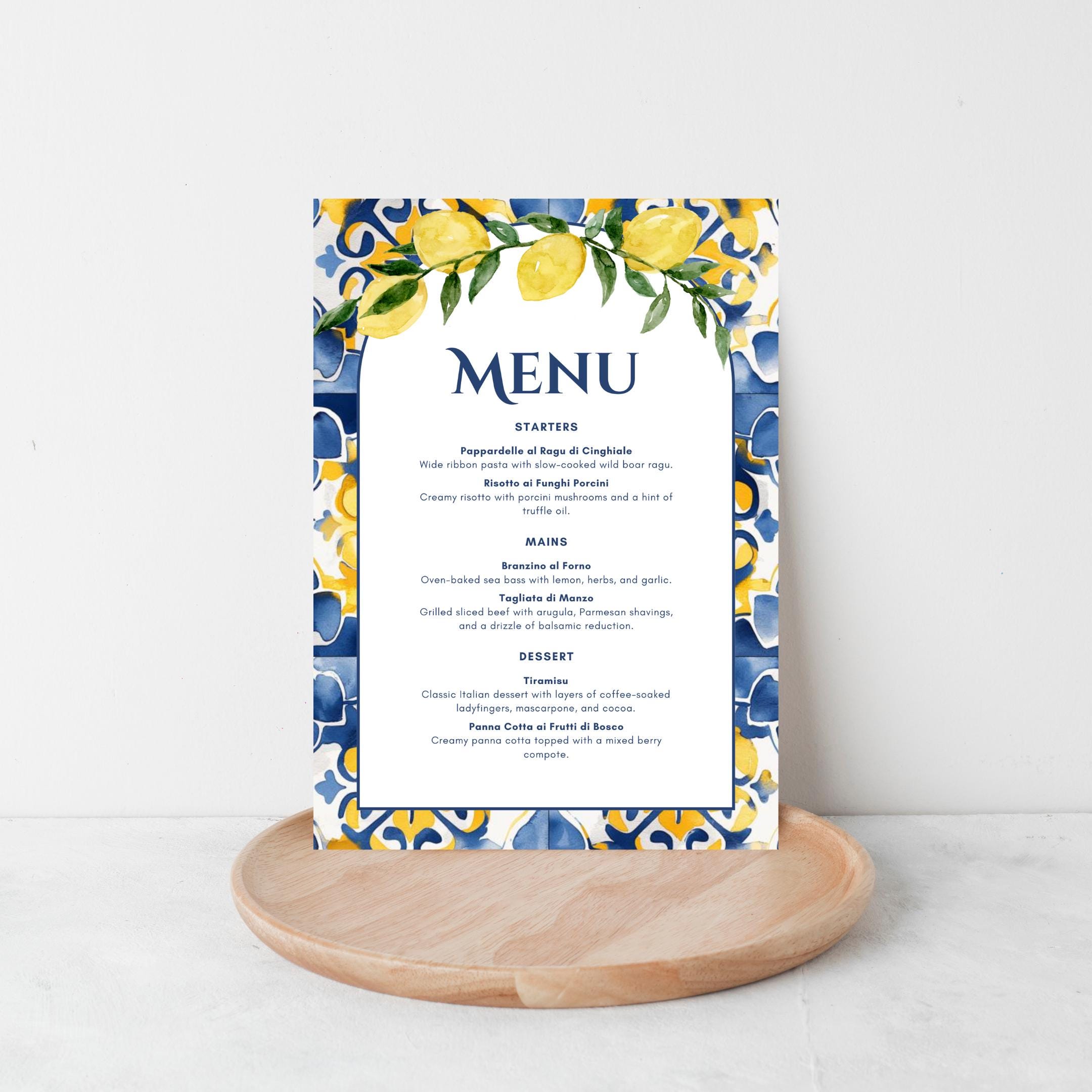 Printable Lemon Menu Template, Editable Mediterranean Wedding Menu ...