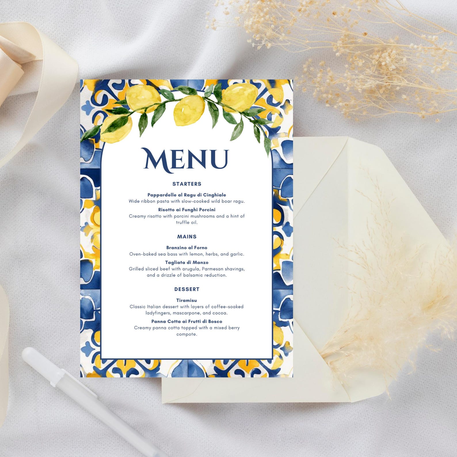 Printable Lemon Menu Template, Editable Mediterranean Wedding Menu ...